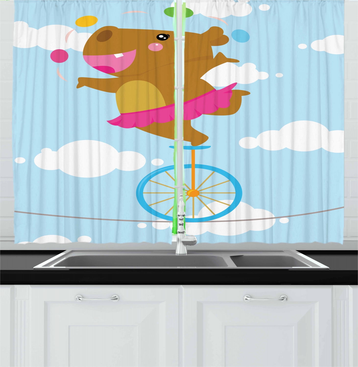 Ambesonne Circus Kitchen Curtains, Balerina Juggler Hippo, 55"x39 ...