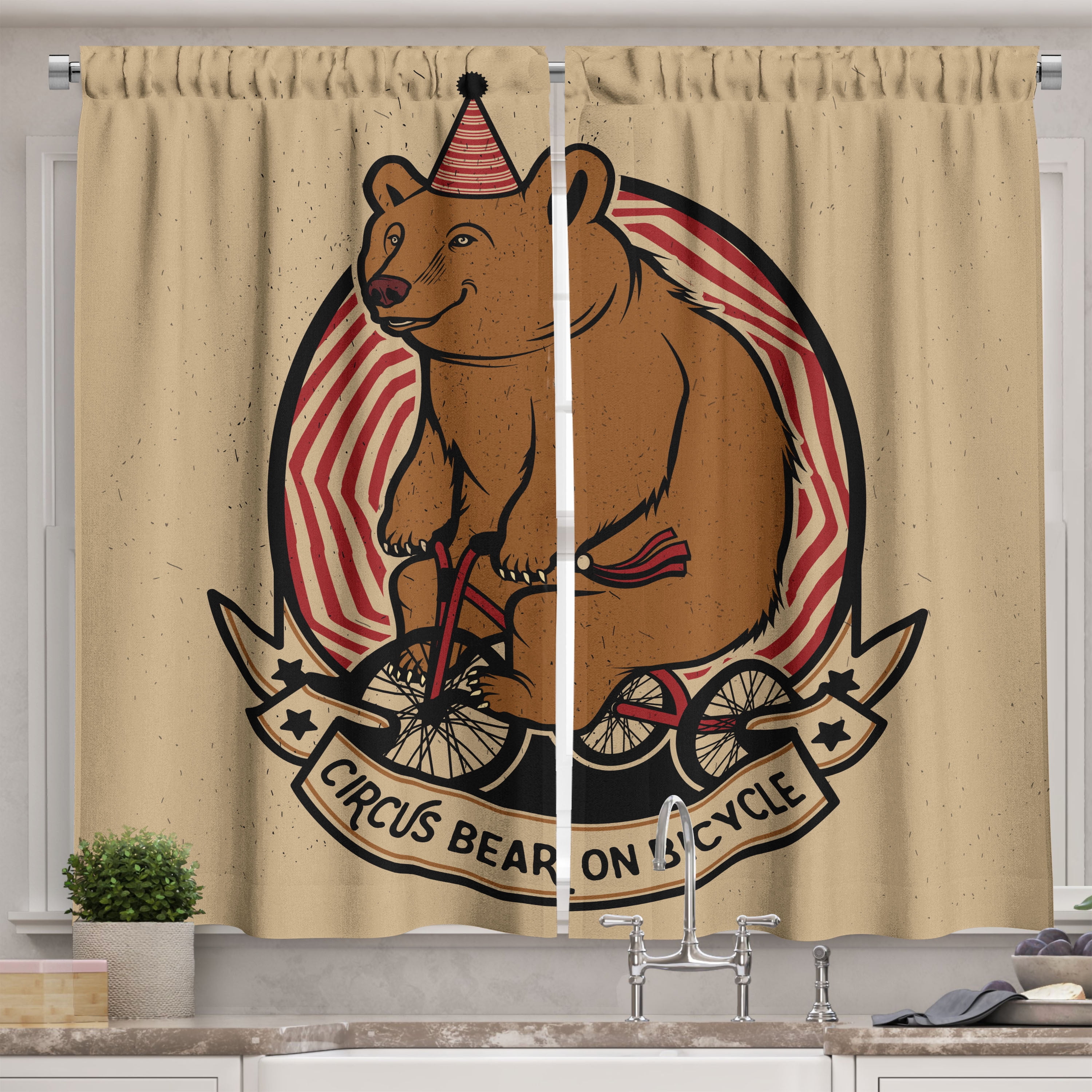 Ambesonne Circus Kitchen Curtains, Circus Bear on Bicycle Art, 55"x45 ...