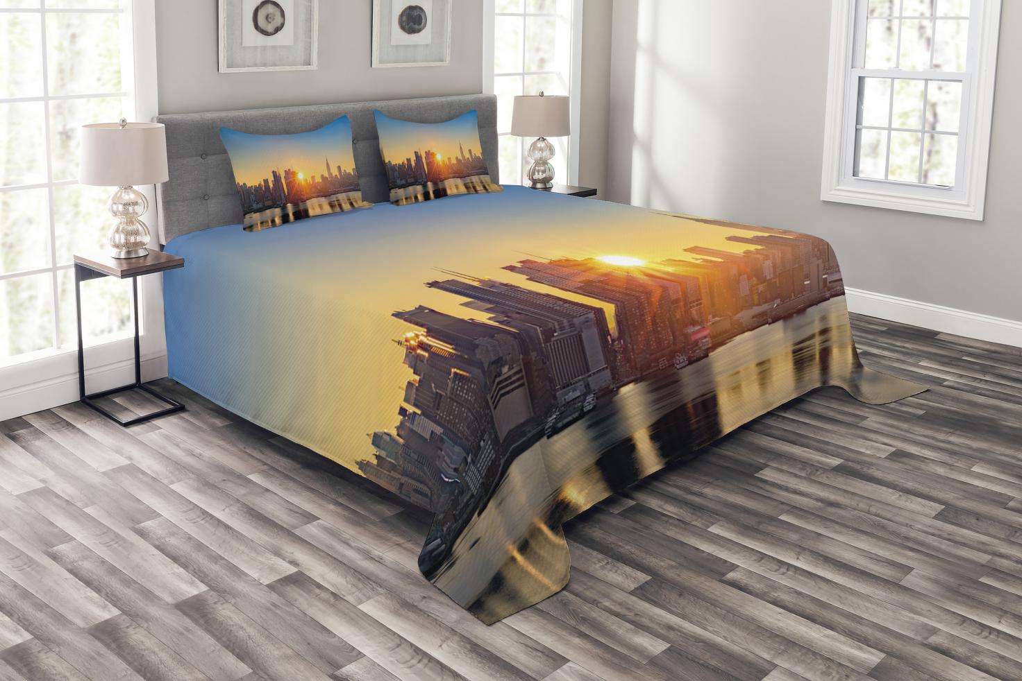 Ambesonne City Quilted Bedspread Set 3 Pcs, Tranquil Sunrise Midtown ...