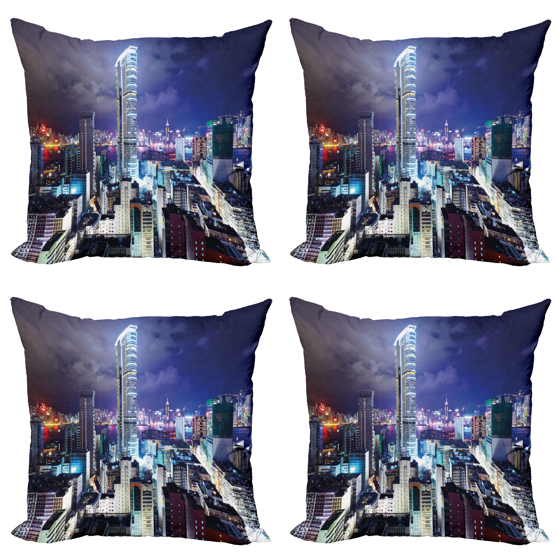 Ambesonne City Throw Pillow Cover 4 Pack, Downtown Hong Kong Night, 20 ...