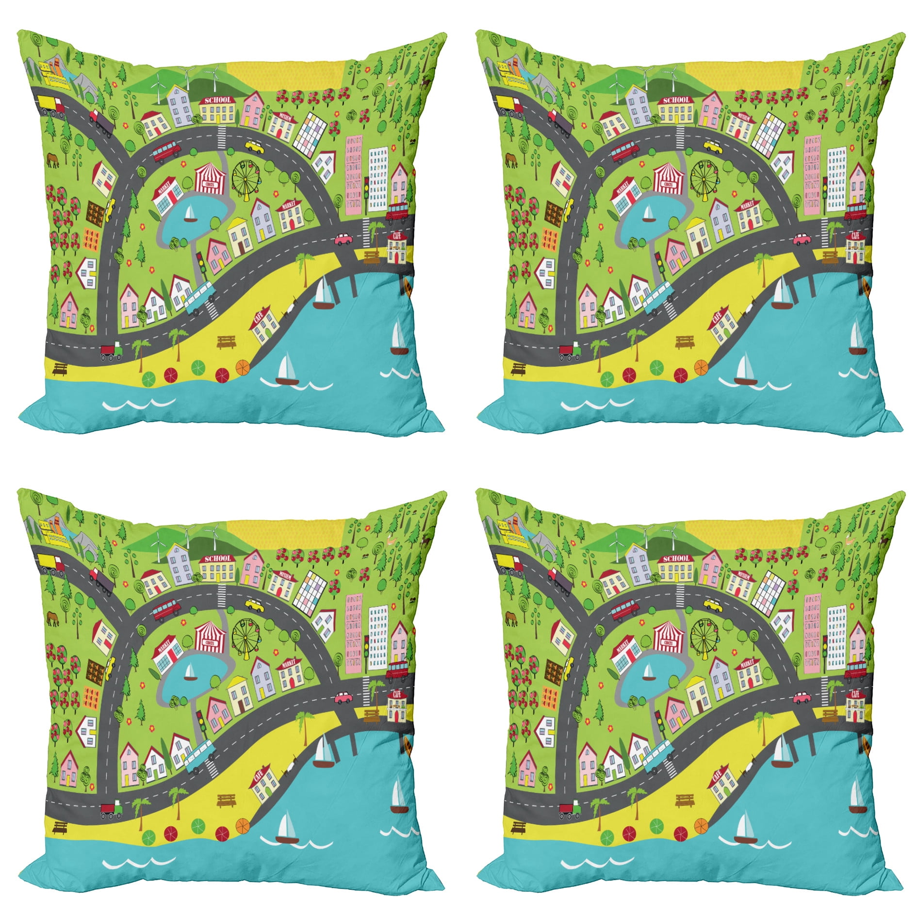 Ambesonne City Throw Pillow Cover 4 Pack, Landscape of Urban and ...