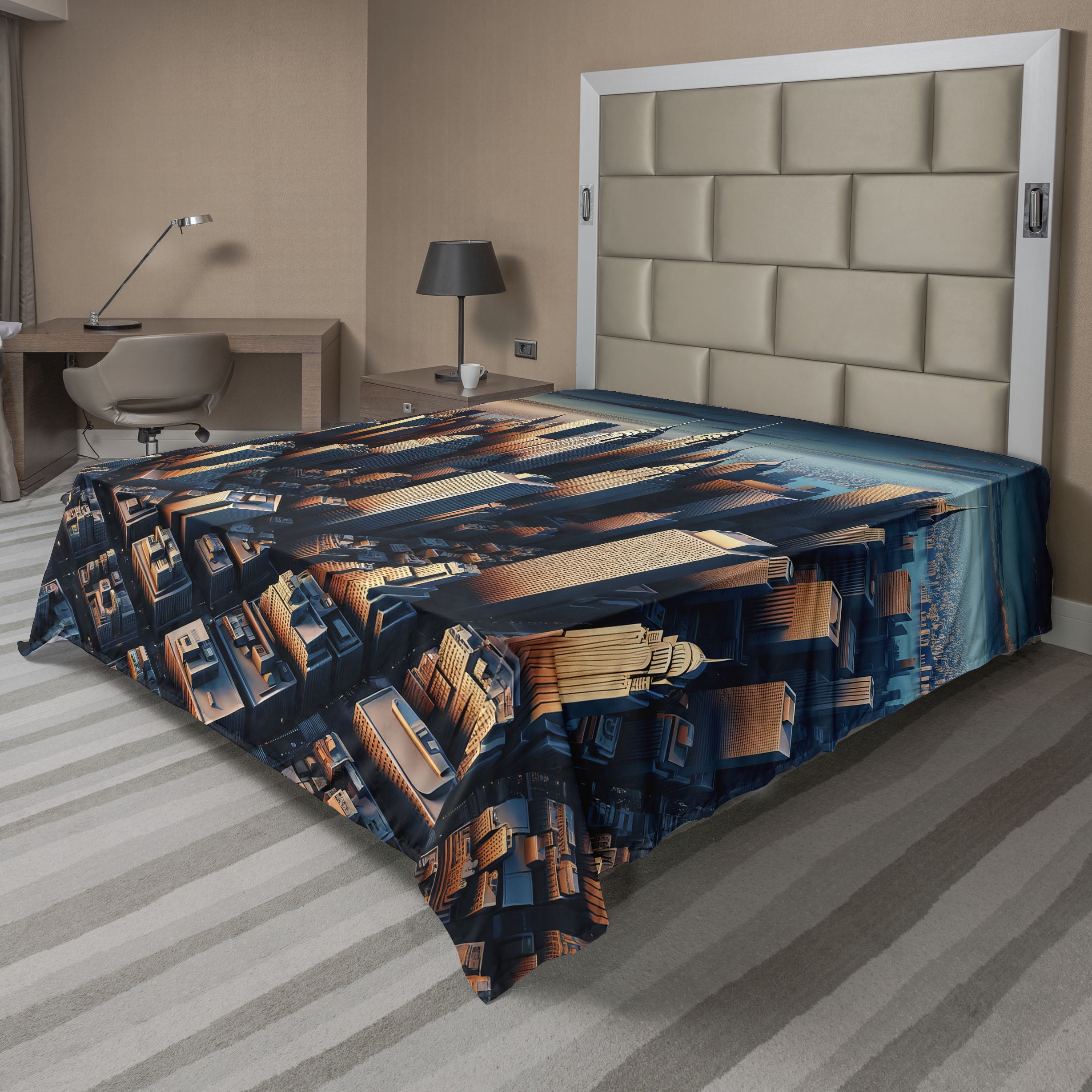 Ambesonne Cityscape Flat Sheet, Manhattan Panorama Urban, Queen Size ...
