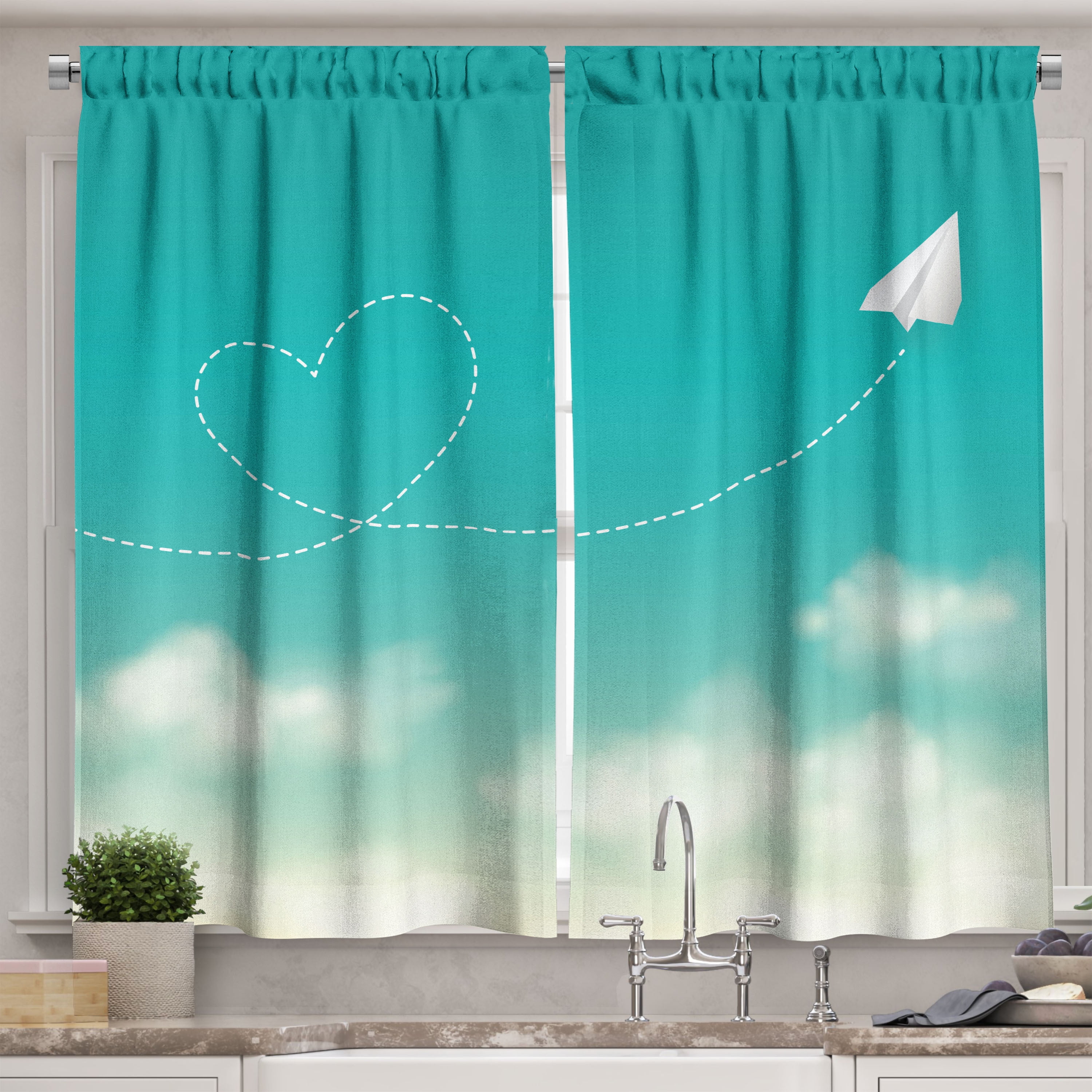Ambesonne Cloud Kitchen Curtains, Paper Plane and Heart, 55"x45", Sea ...
