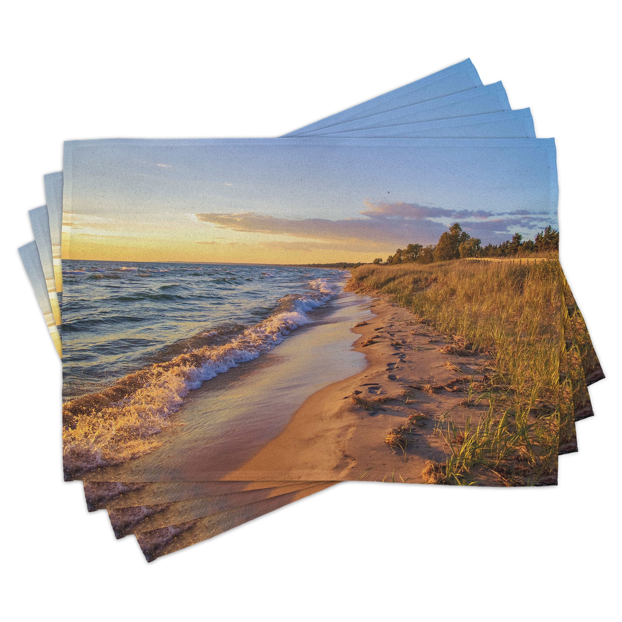 Ambesonne Coastal Place Mats Set of 4, Sandy Calm Beach Sunset ...