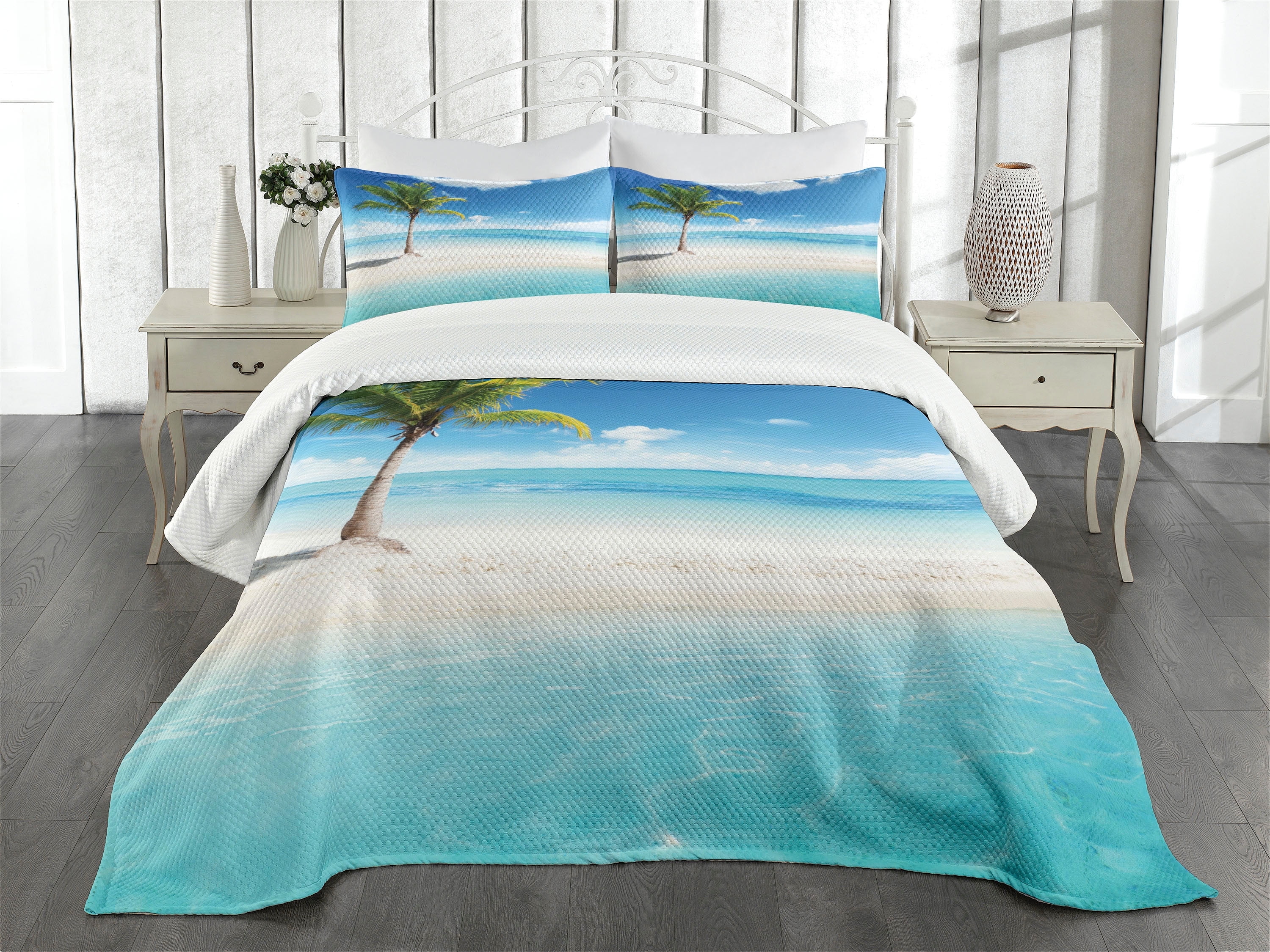 Ambesonne Coastal Quilted Bedspread Set 3 Pcs, Idyllic Scenery Sunbeam ...