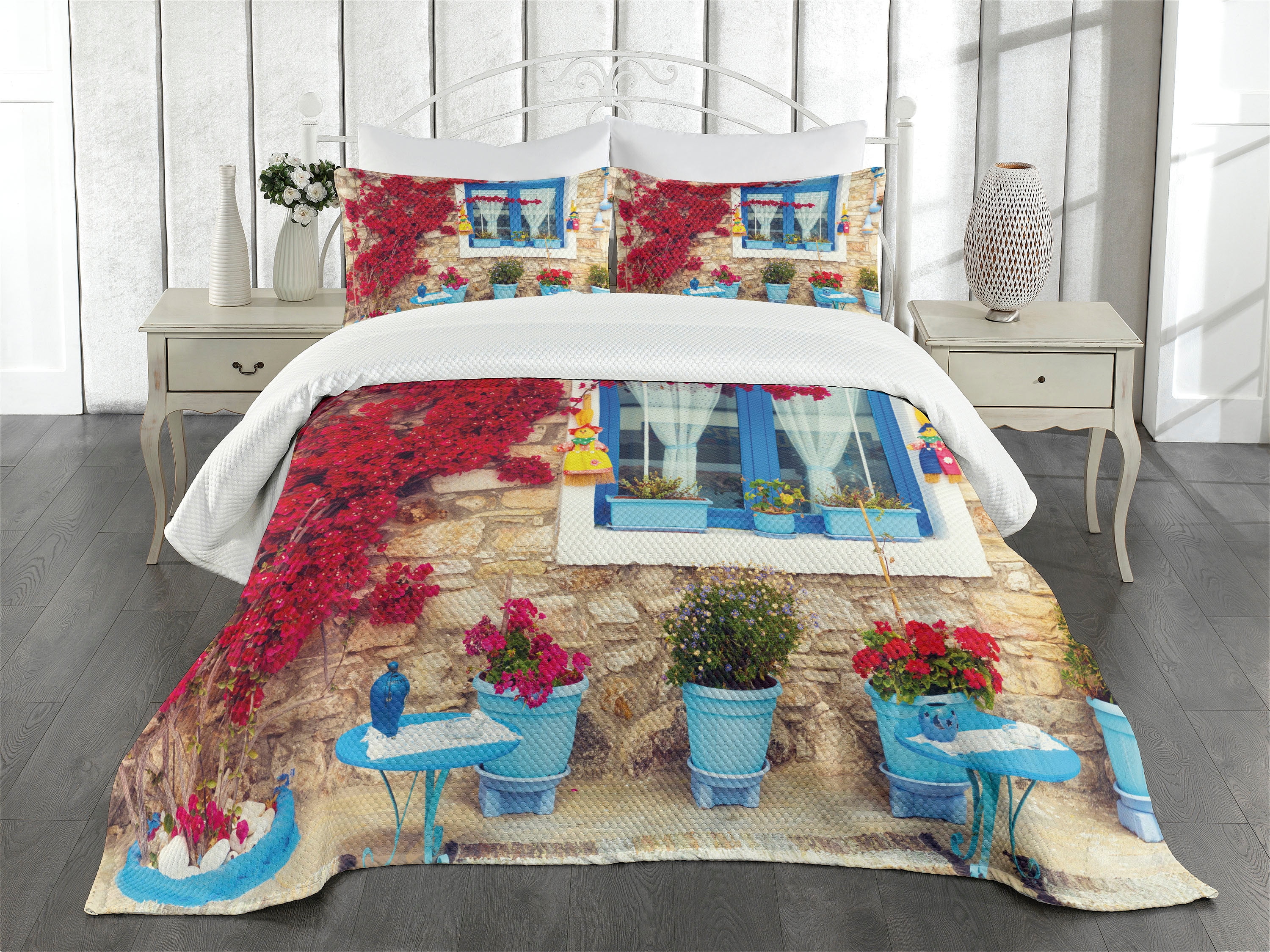 Ambesonne Coastal Quilted Bedspread Set 3 Pcs, Mediterranean House ...