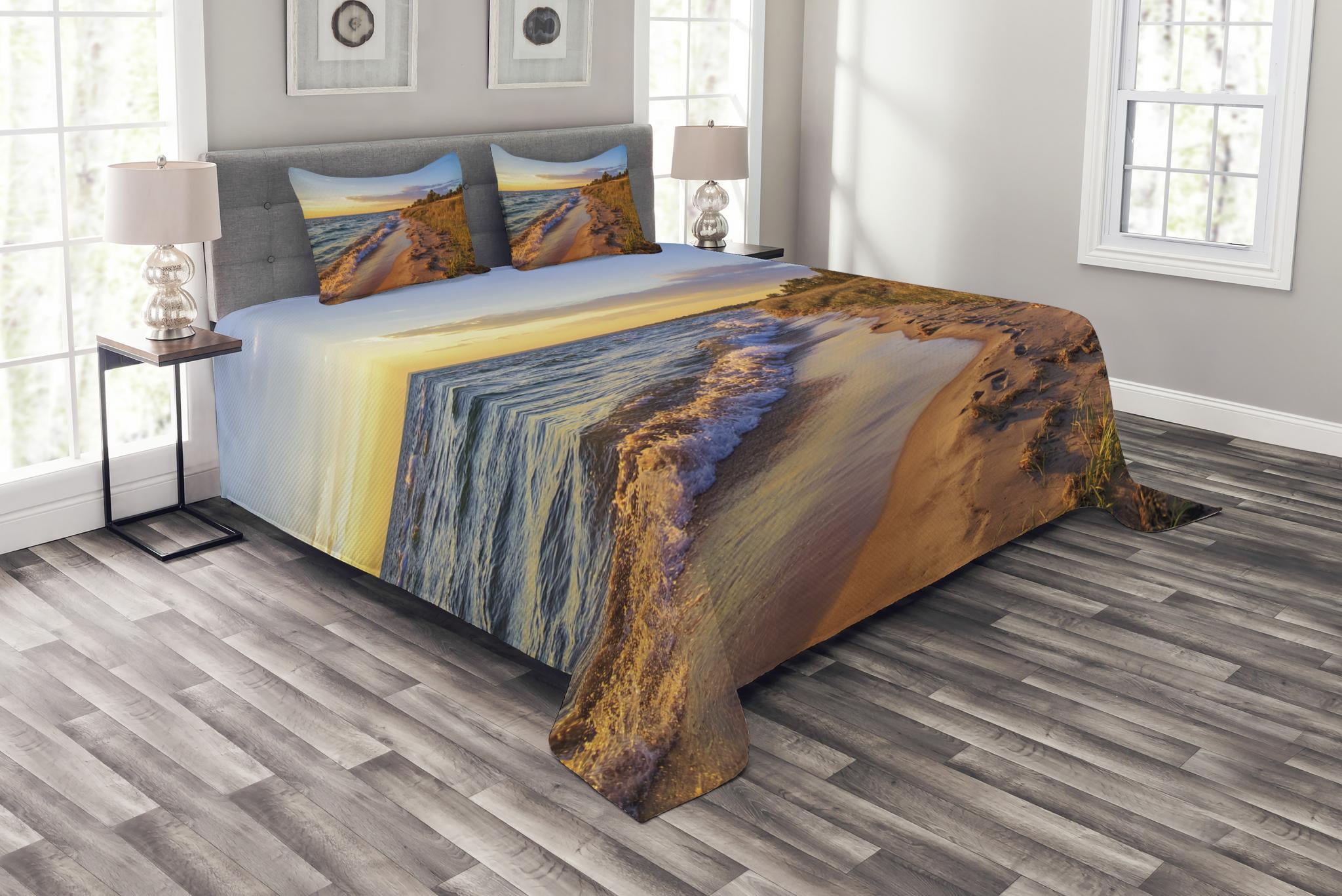 Ambesonne Coastal Quilted Bedspread Set 3 Pcs, Sandy Calm Beach Sunset ...