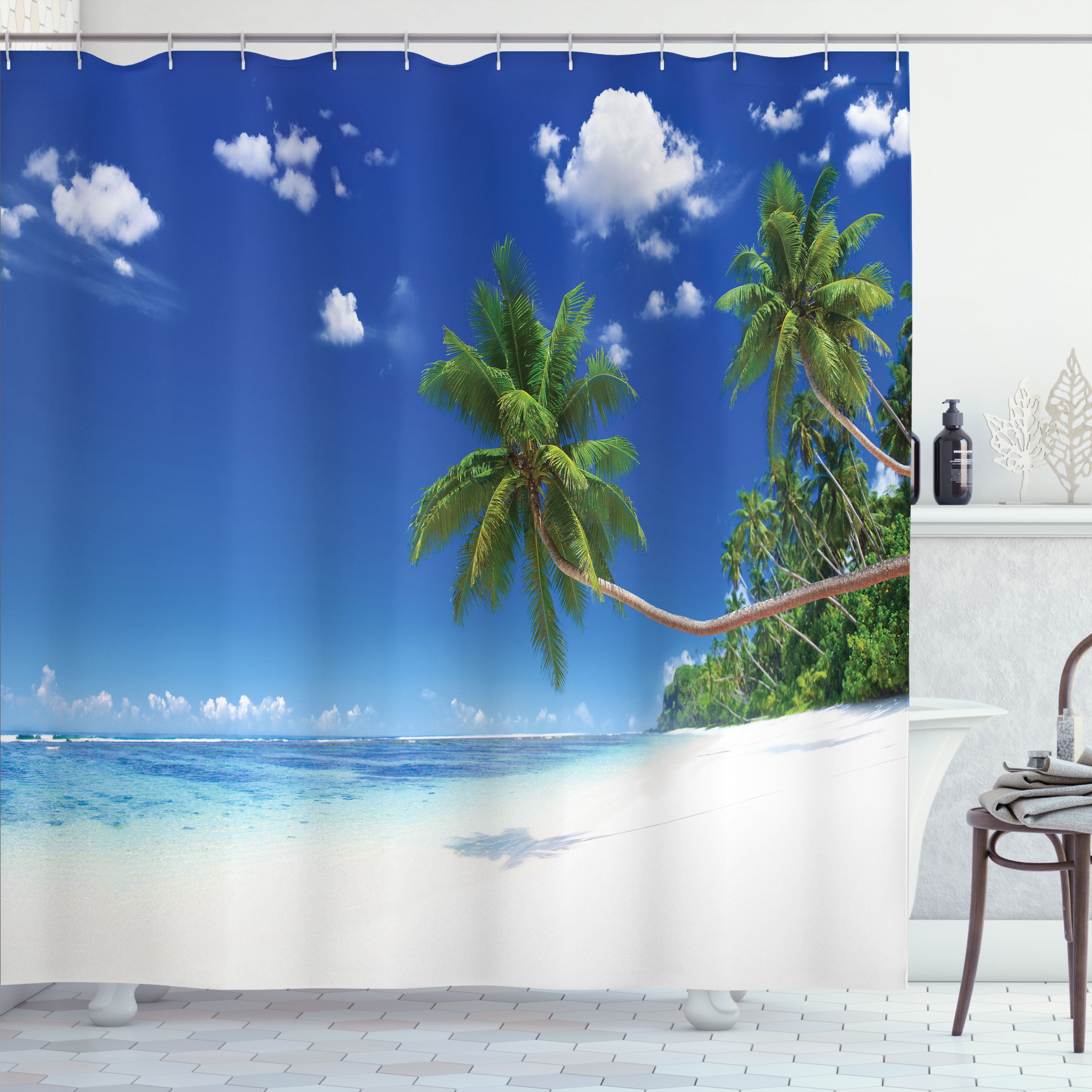 Ambesonne Coastal Shower Curtain, Lagoon Palm Leaf Clouds, 69"Wx70"L ...