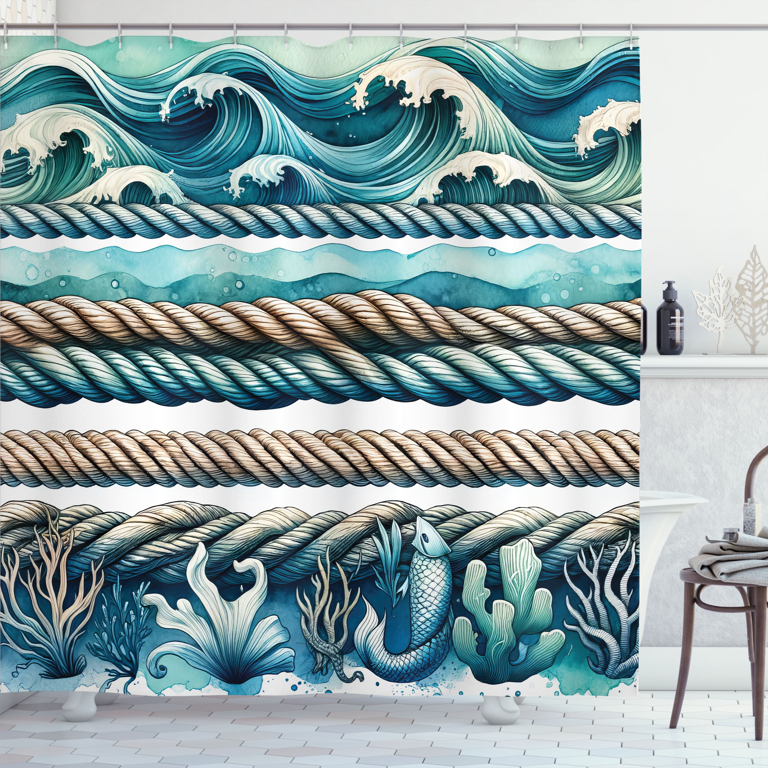 Ambesonne Coastal Shower Curtain, Ropes and Waves Underwater, 69"Wx84"L ...