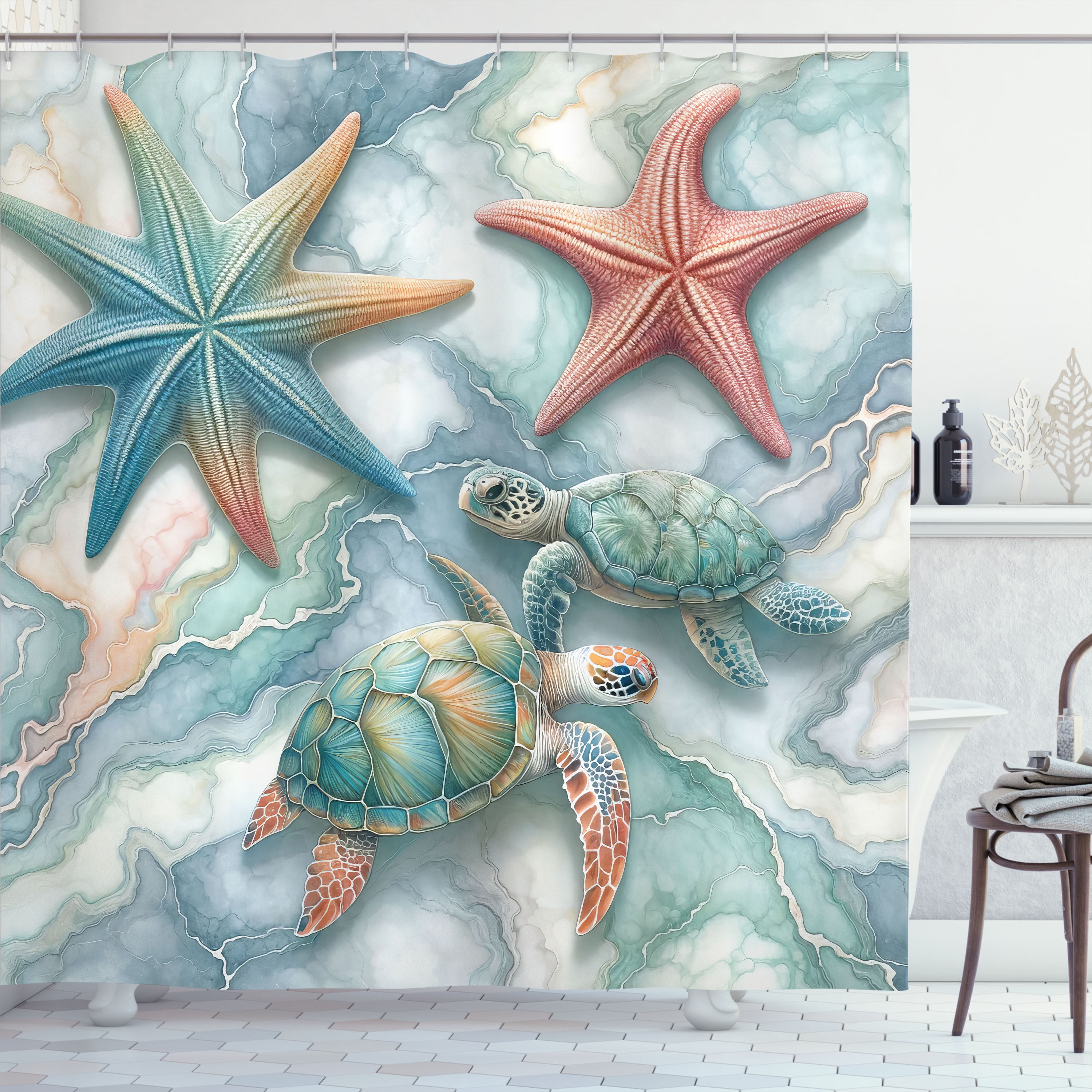 Ambesonne Coastal Shower Curtain, Starfish and Sea Turtles, 69"Wx75"L ...