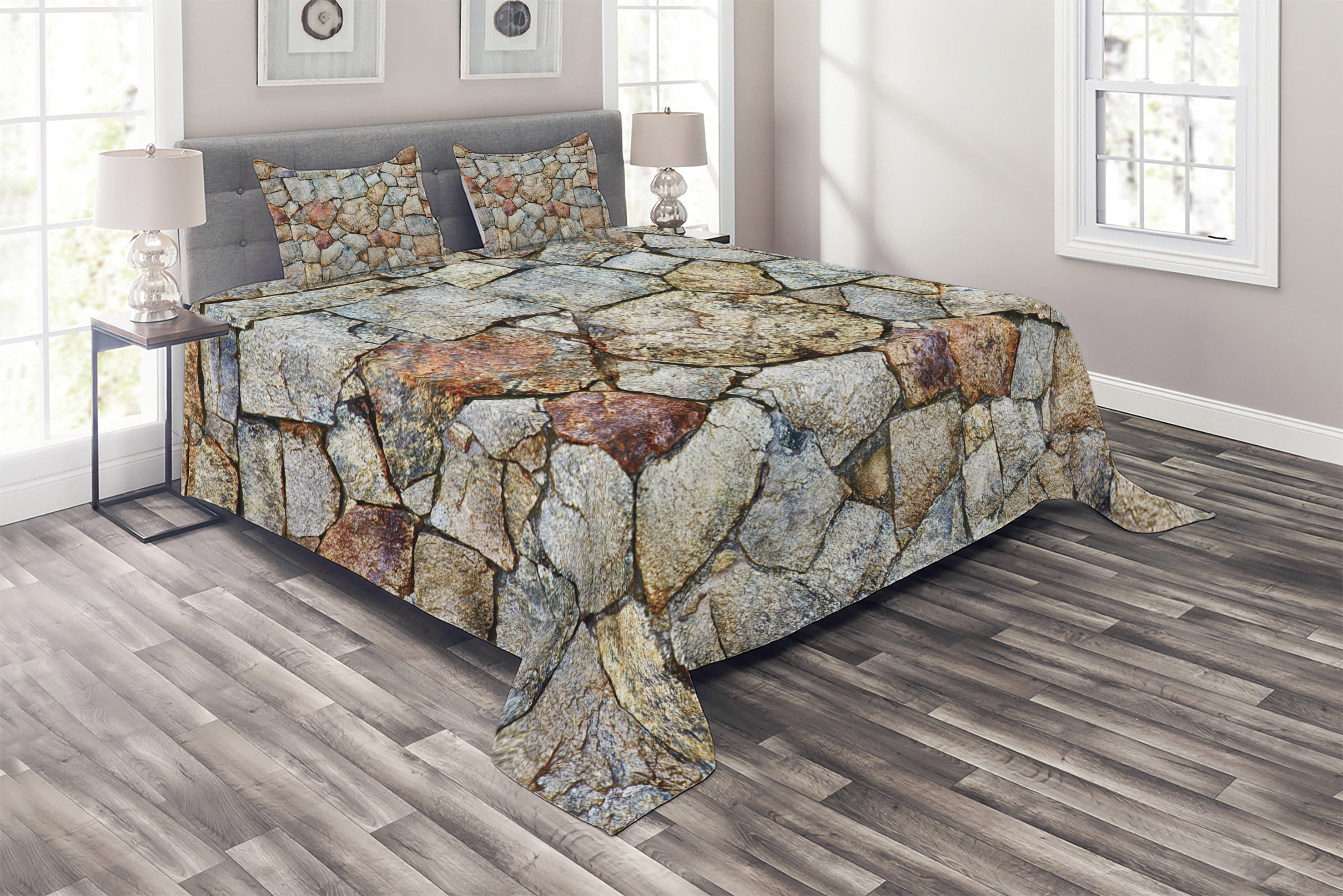 Ambesonne Cobblestone Quilted Coverlet 3 Pcs, Rustic Natural Wall, King ...
