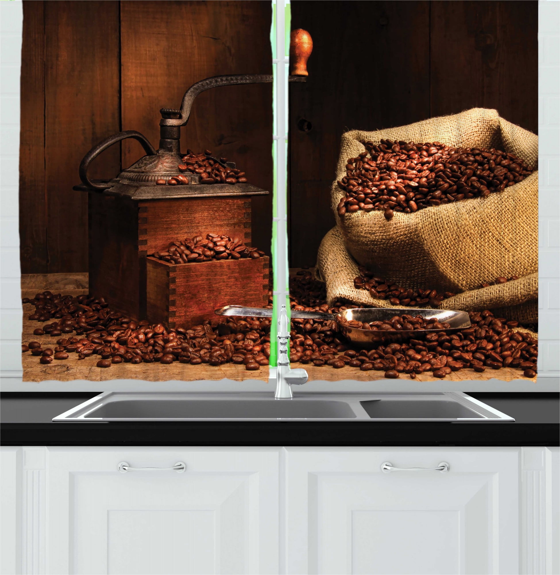 Ambesonne Coffee Kitchen Curtains, Grinder Beans in Burlap Sack, 55"x45 ...