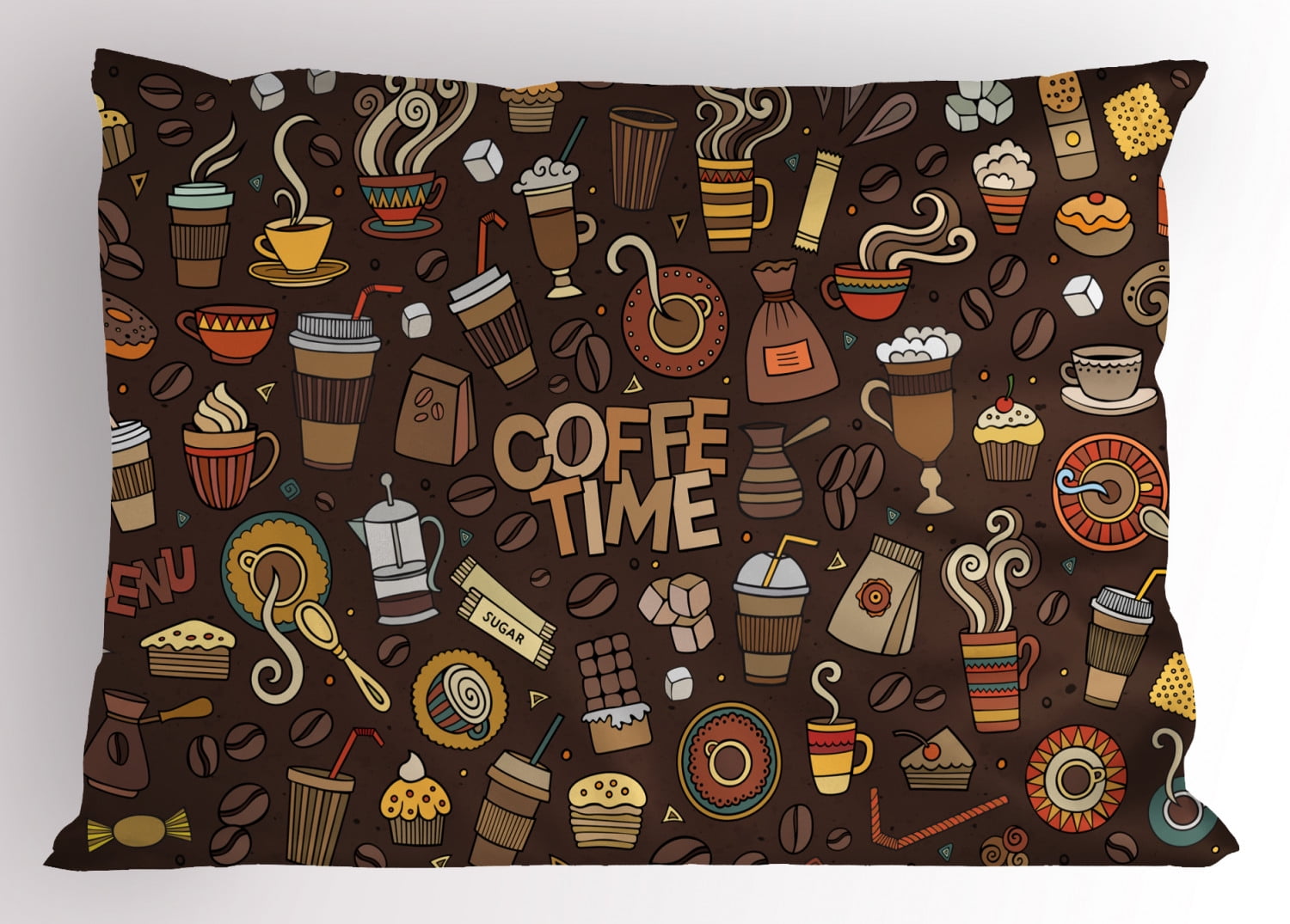 Ambesonne Coffee Pillow Sham, Hand Drawn Doodle Coffee, 36" X 20 ...