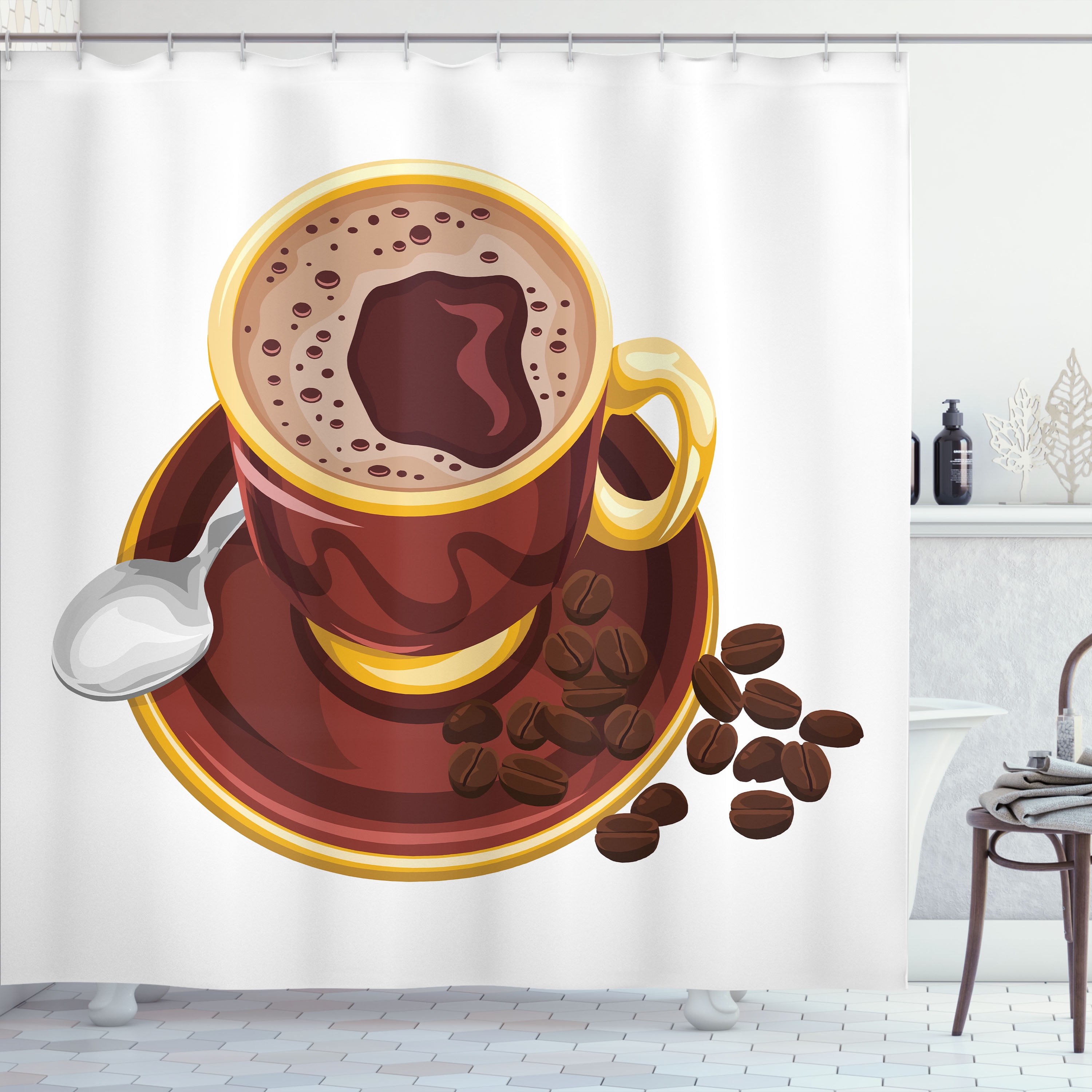Ambesonne Coffee Shower Curtain, Cappuccino Spoon and Beans, 69"Wx70"L ...