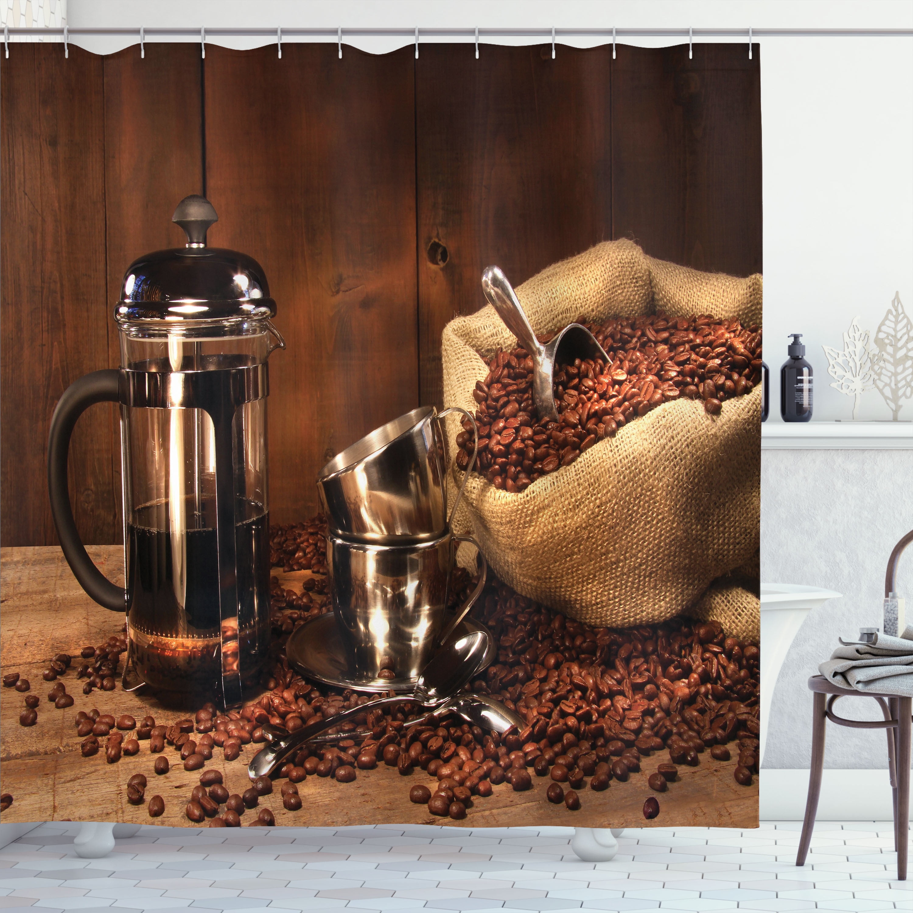 Ambesonne Coffee Shower Curtain, French Press Cups and Beans, 69"Wx70"L ...
