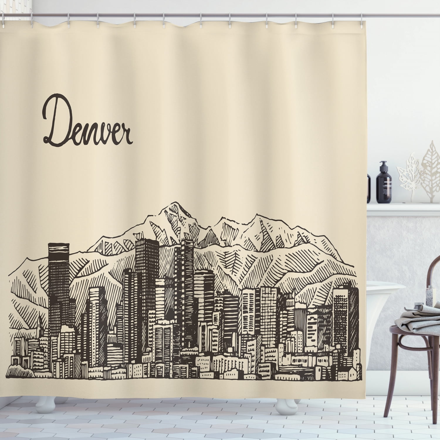 Ambesonne Colorado Shower Curtain, Denver City Skyline Sketch, 69"Wx70 ...
