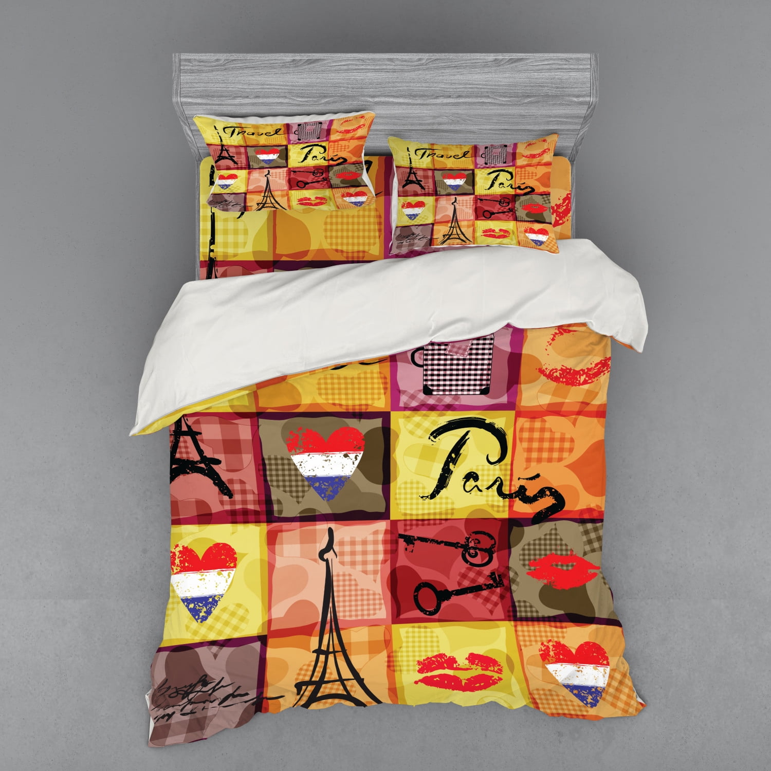Ambesonne Colorful Bedding Set 4 Pcs, French Paris Collage, Queen ...