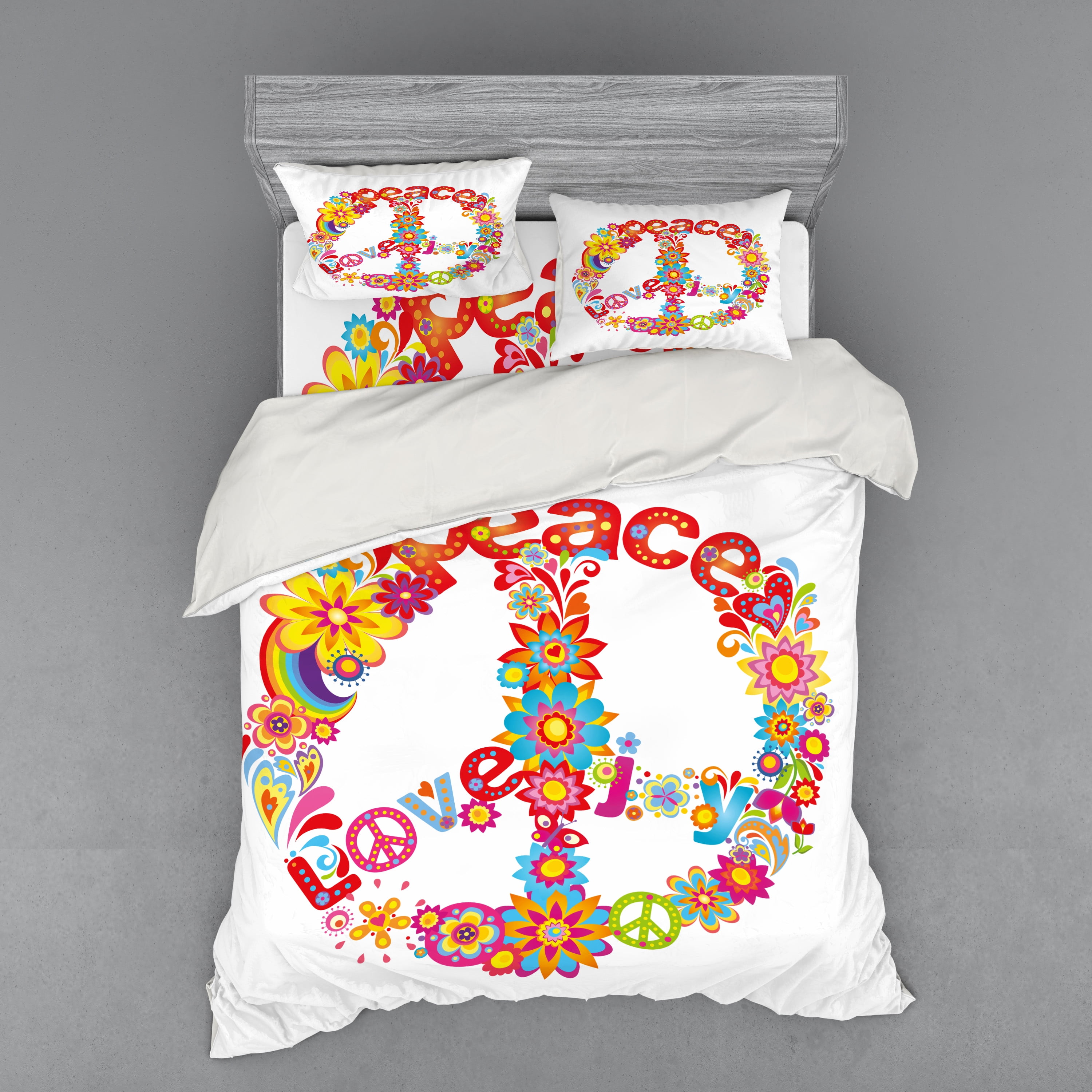 Ambesonne Colorful Bedding Set 4 Pcs, Peace Love Joy Flowers, Queen ...