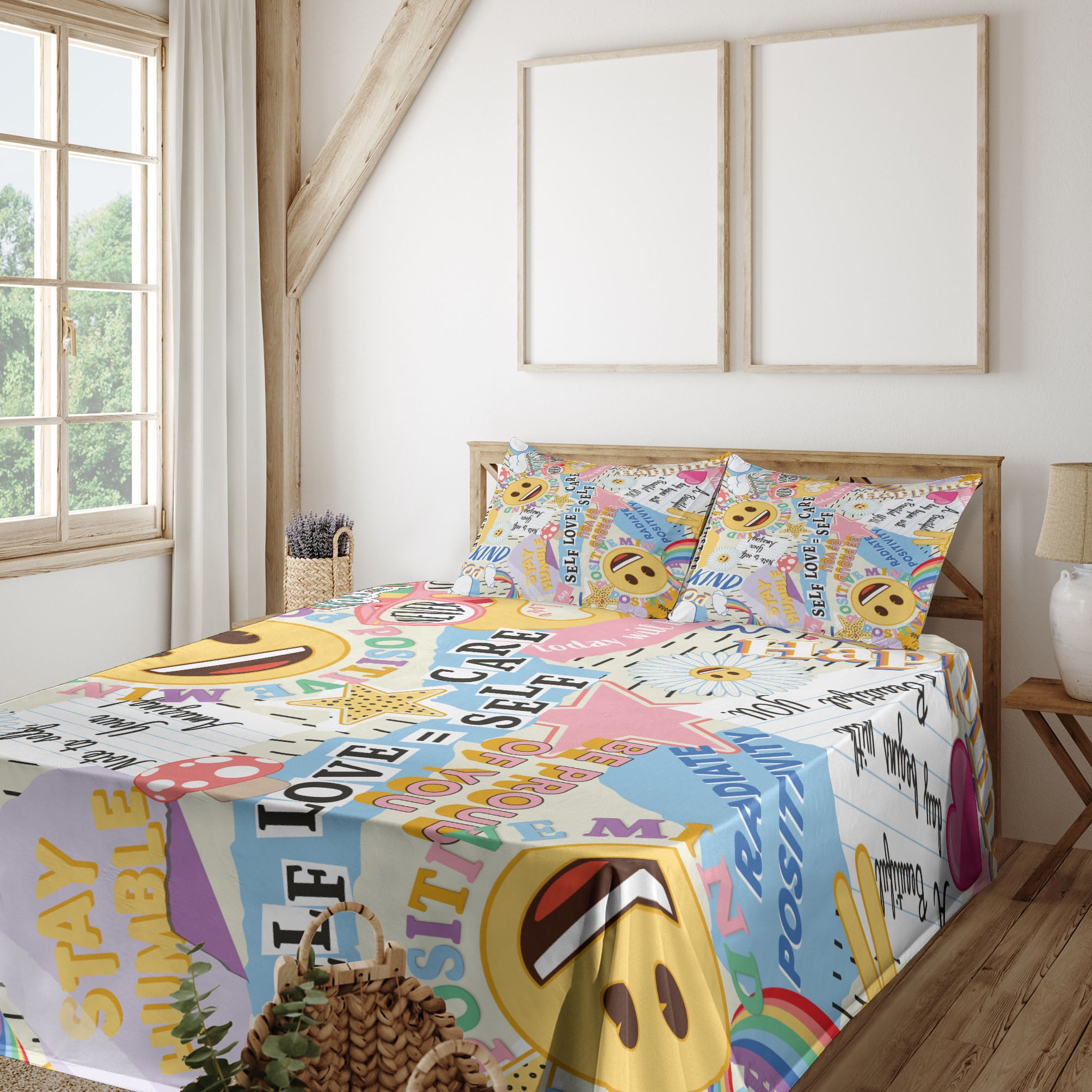 Ambesonne Colorful Emoji Fitted & Top Sheet Set with Shams, Jumble ...