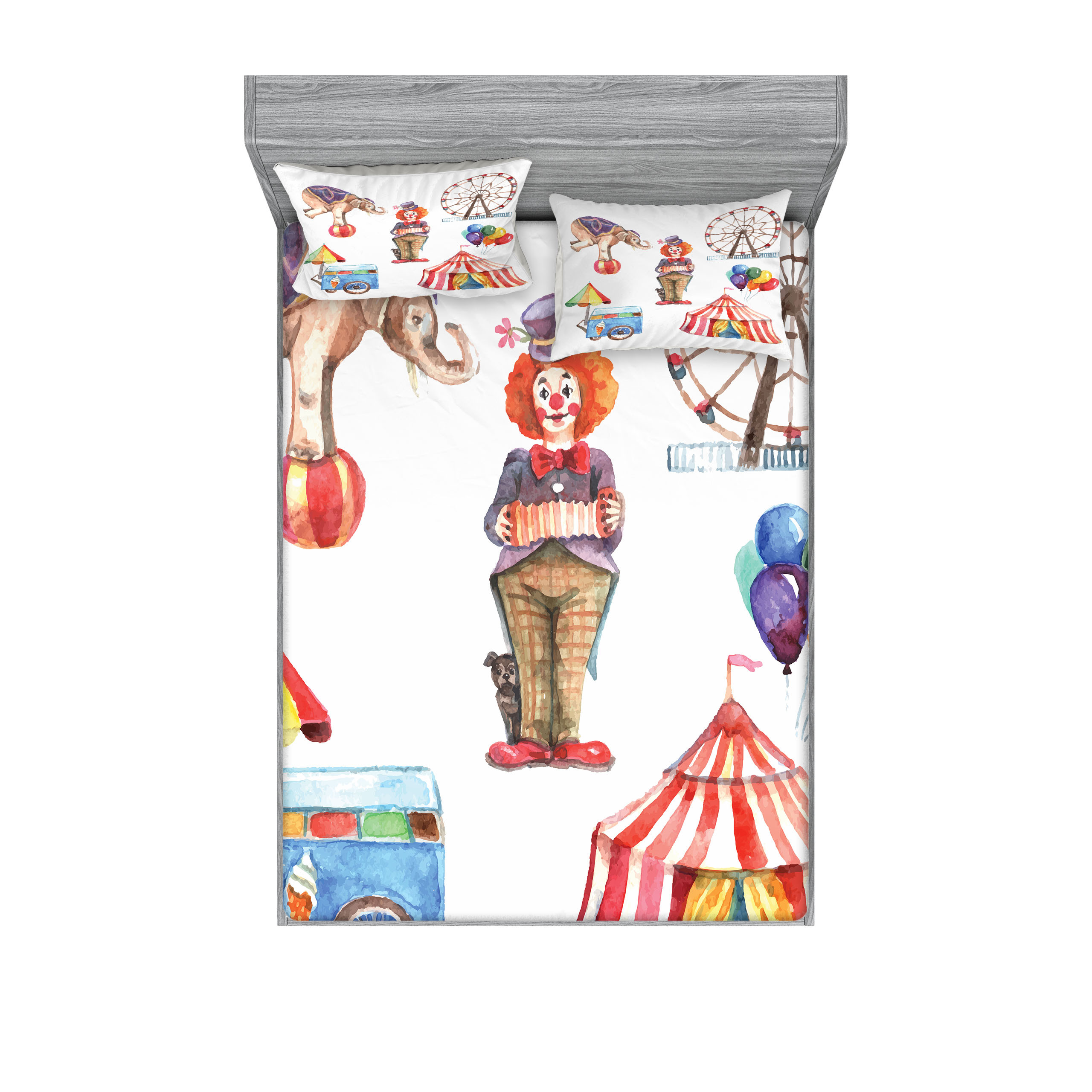 Ambesonne Colorful Fitted Sheet & Pillow Sham Set, Clown Circus, Queen ...