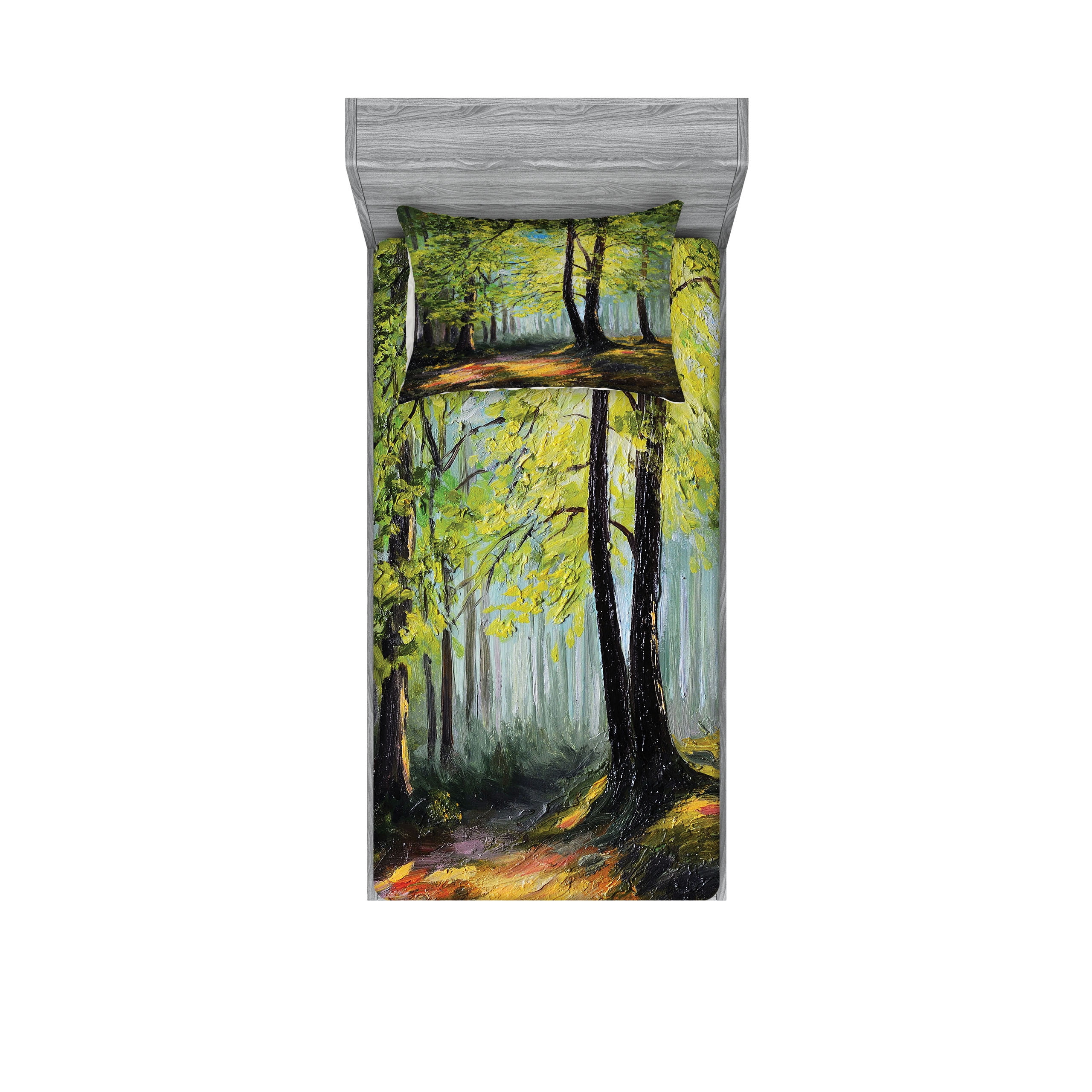 Ambesonne Colorful Fitted Sheet & Pillow Sham Set, Fall Forest ...