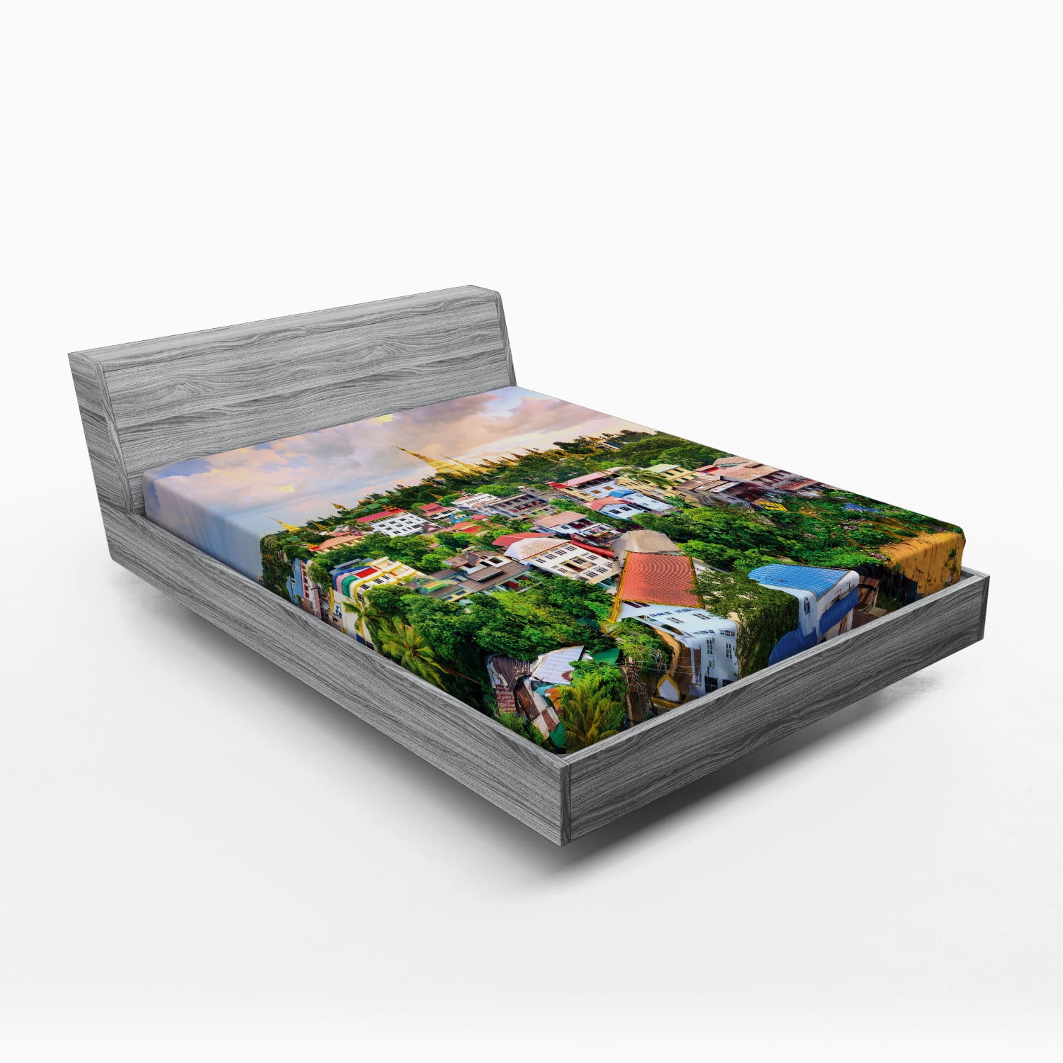Ambesonne Colorful Fitted Sheet, Village Skyline Scene, Full Size ...