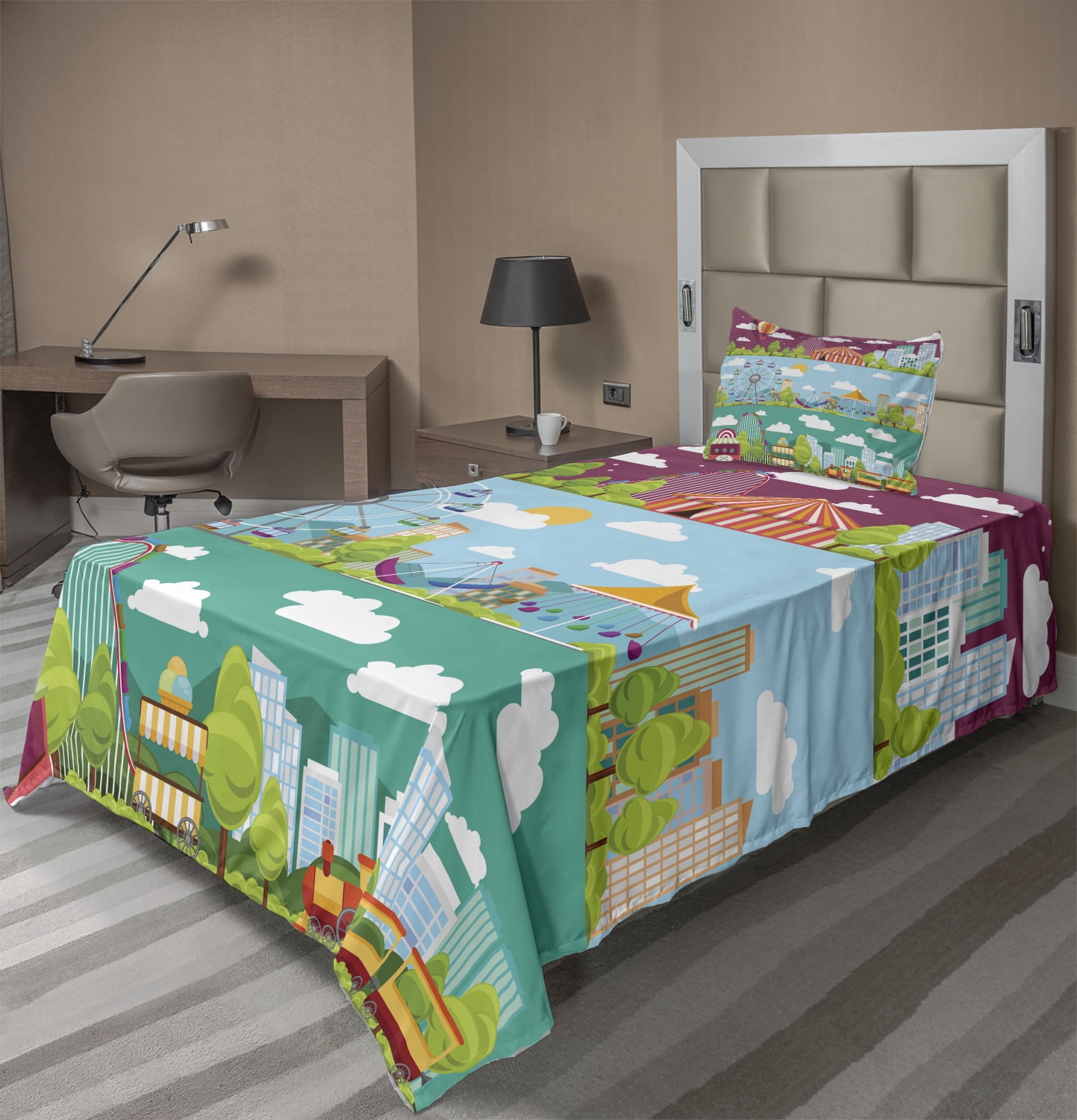 Ambesonne Colorful Fitted & Top Sheet Set with Sham, Carousels Slide ...