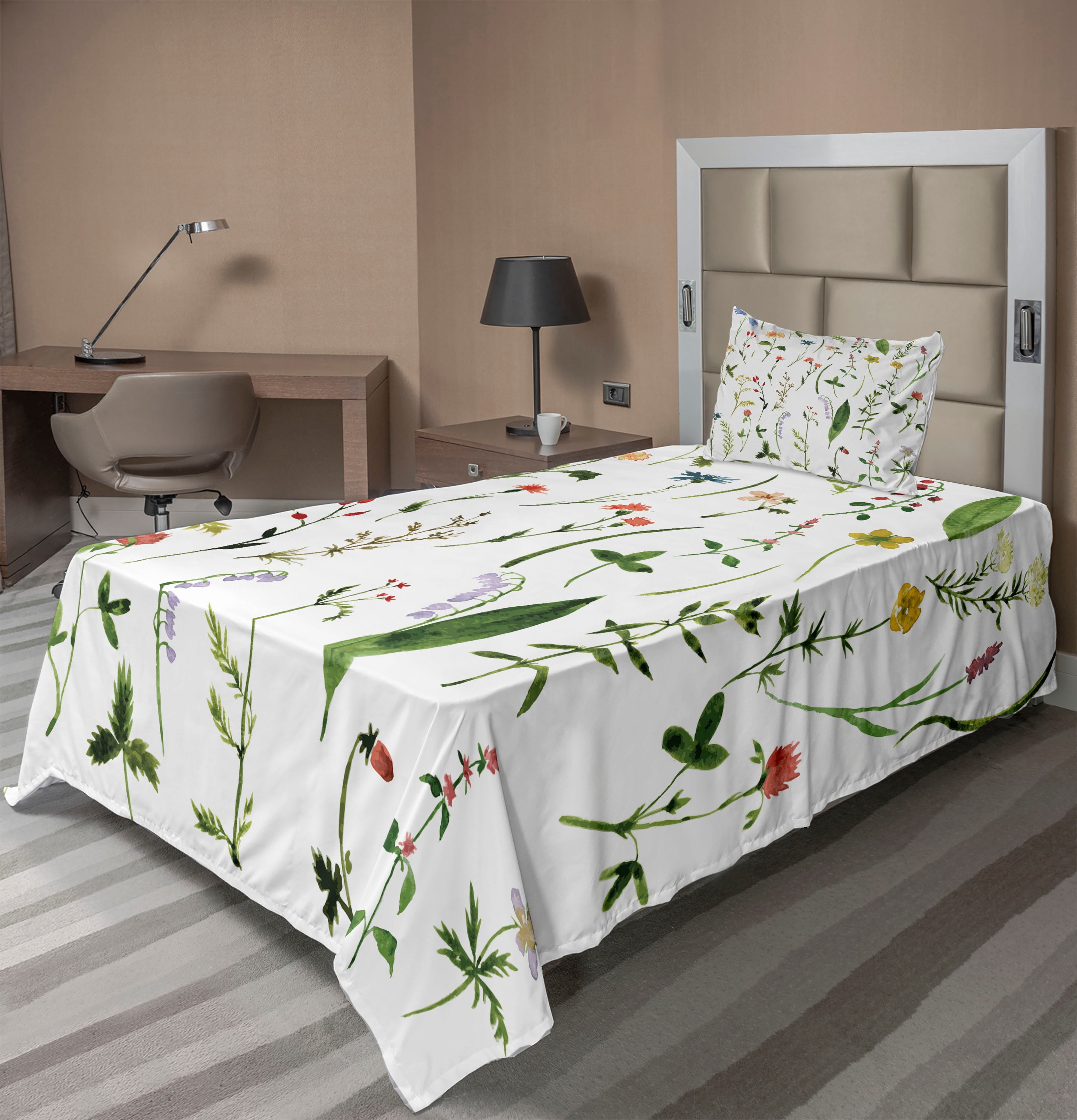 Ambesonne Colorful Fitted & Top Sheet Set with Sham, Flowers s ...
