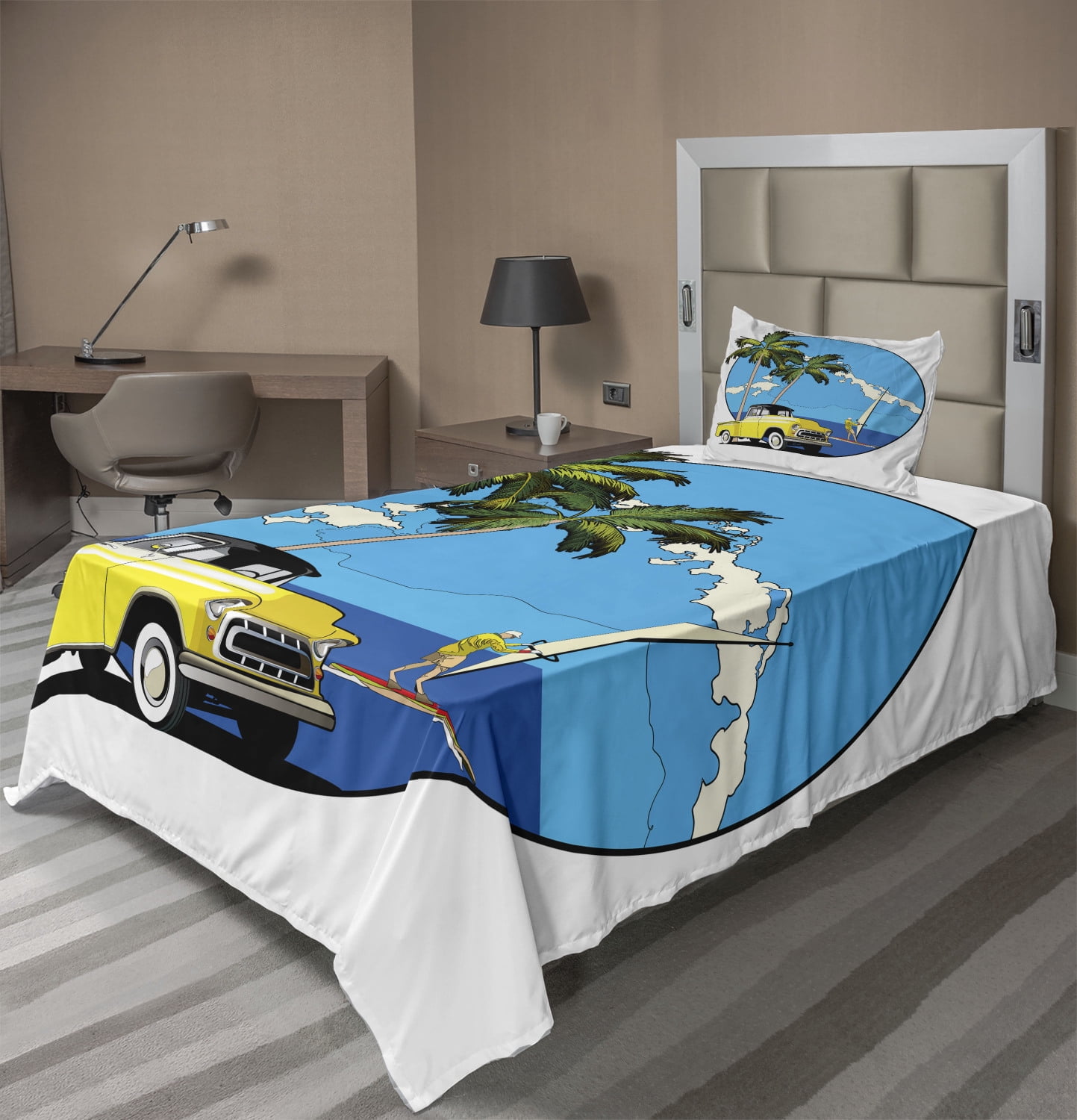 Ambesonne Colorful Fitted & Top Sheet Set with Sham, Nostalgic Chevy ...