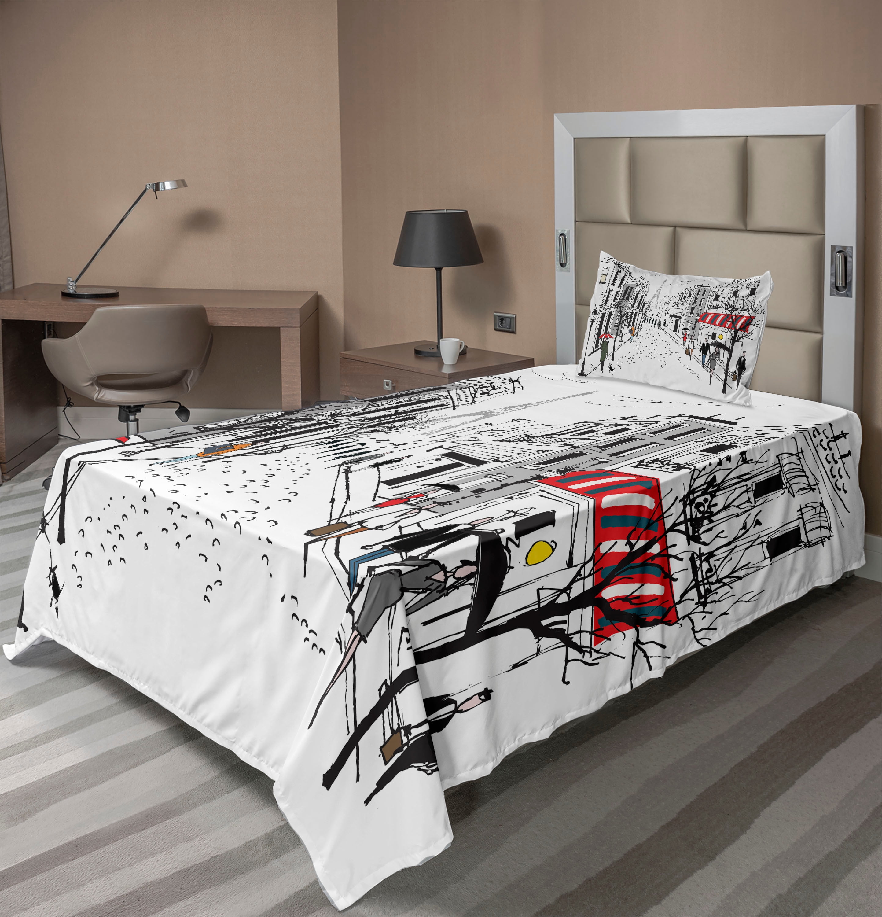 Ambesonne Colorful Fitted & Top Sheet Set with Sham, Paris Eiffel Tower ...
