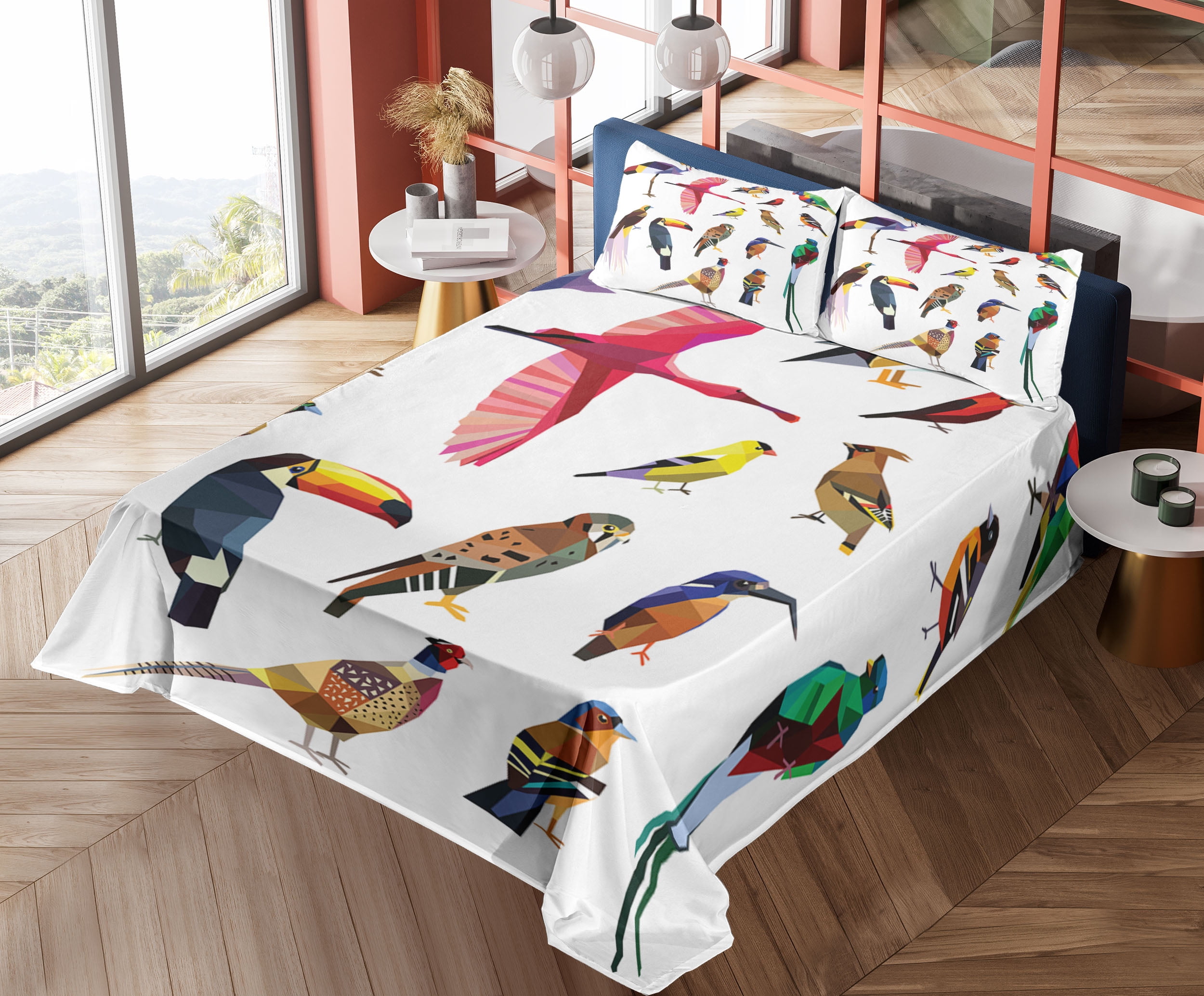 Ambesonne Colorful Fitted & Top Sheet Set with Shams, Bird Set Poly ...