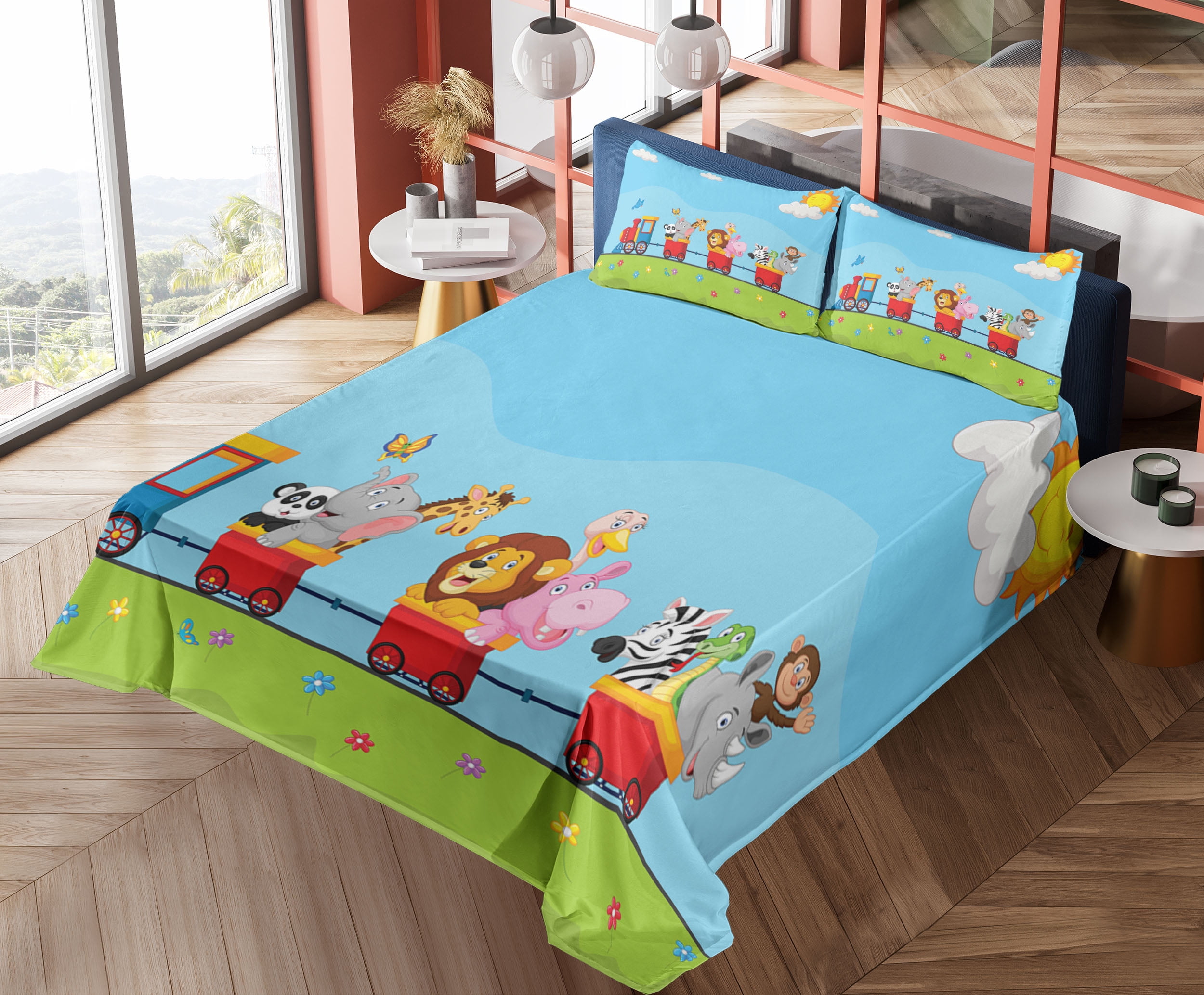 Ambesonne Colorful Fitted & Top Sheet Set with Shams, Cartoon Animal ...