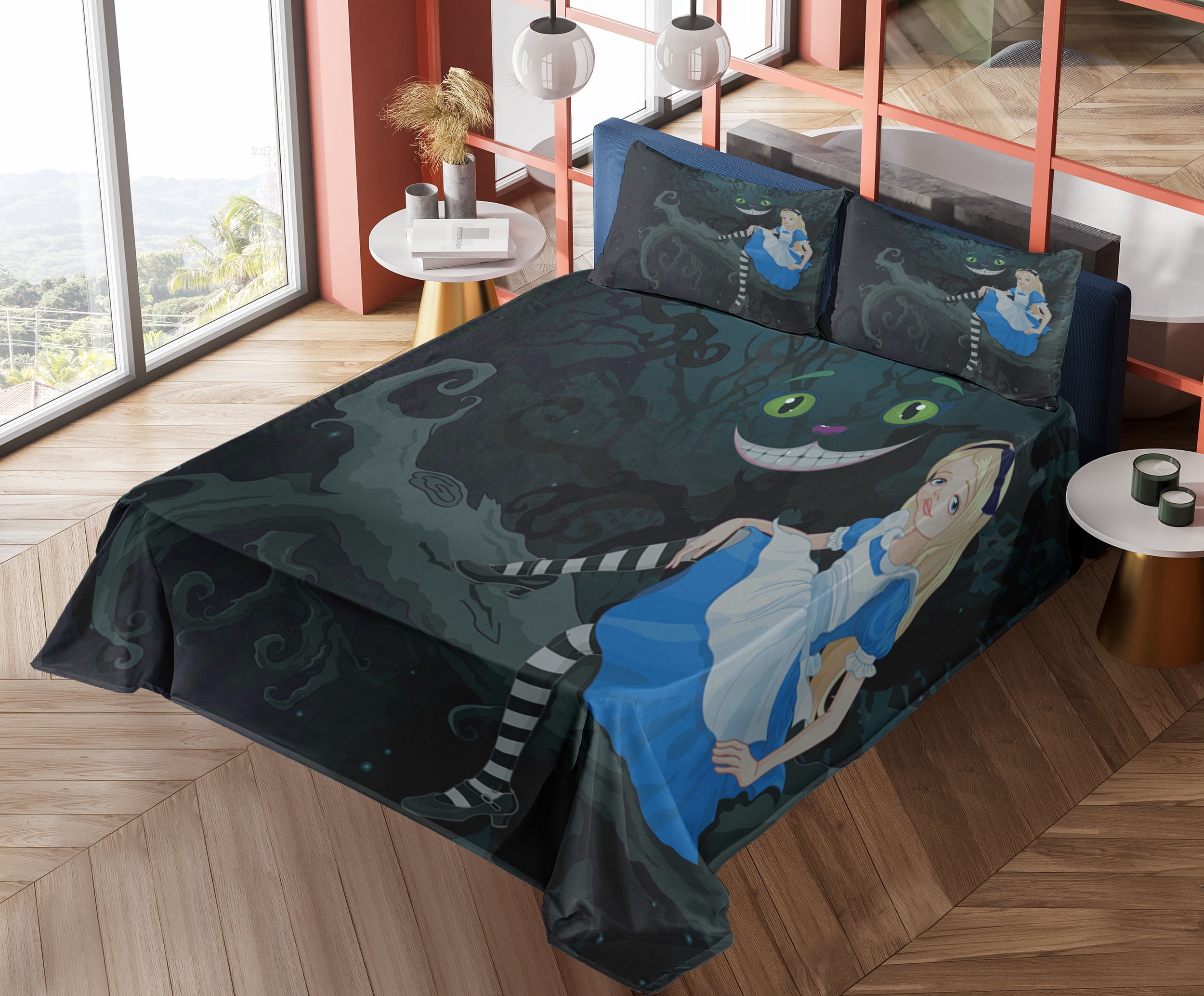 Ambesonne Colorful Fitted & Top Sheet Set with Shams, Cheshire Cat in ...