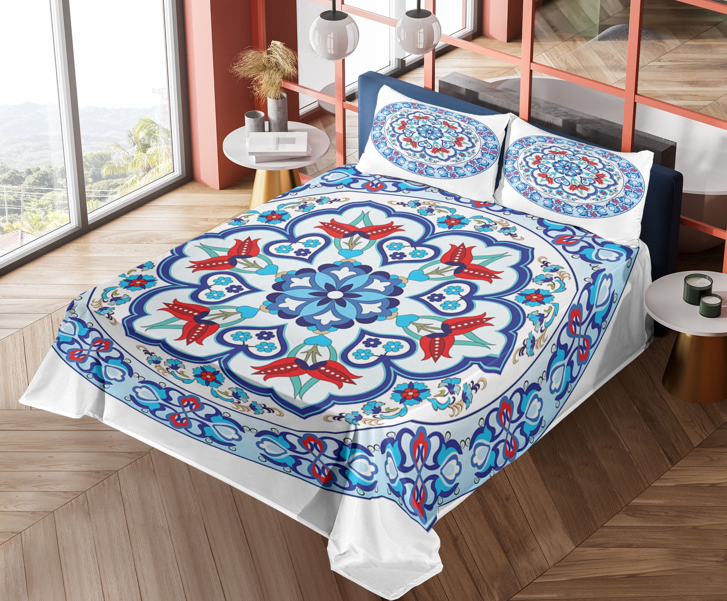 Ambesonne Colorful Fitted & Top Sheet Set with Shams, European Floral ...