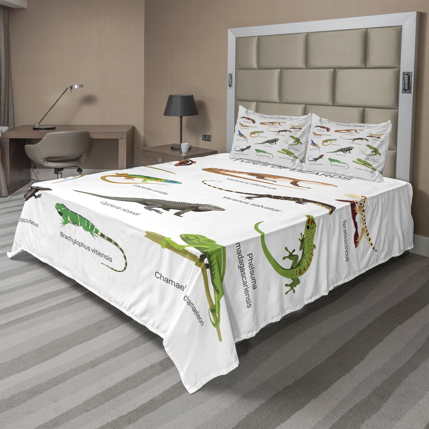 Ambesonne Colorful Fitted & Top Sheet Set with Shams, Exotic Lizard ...