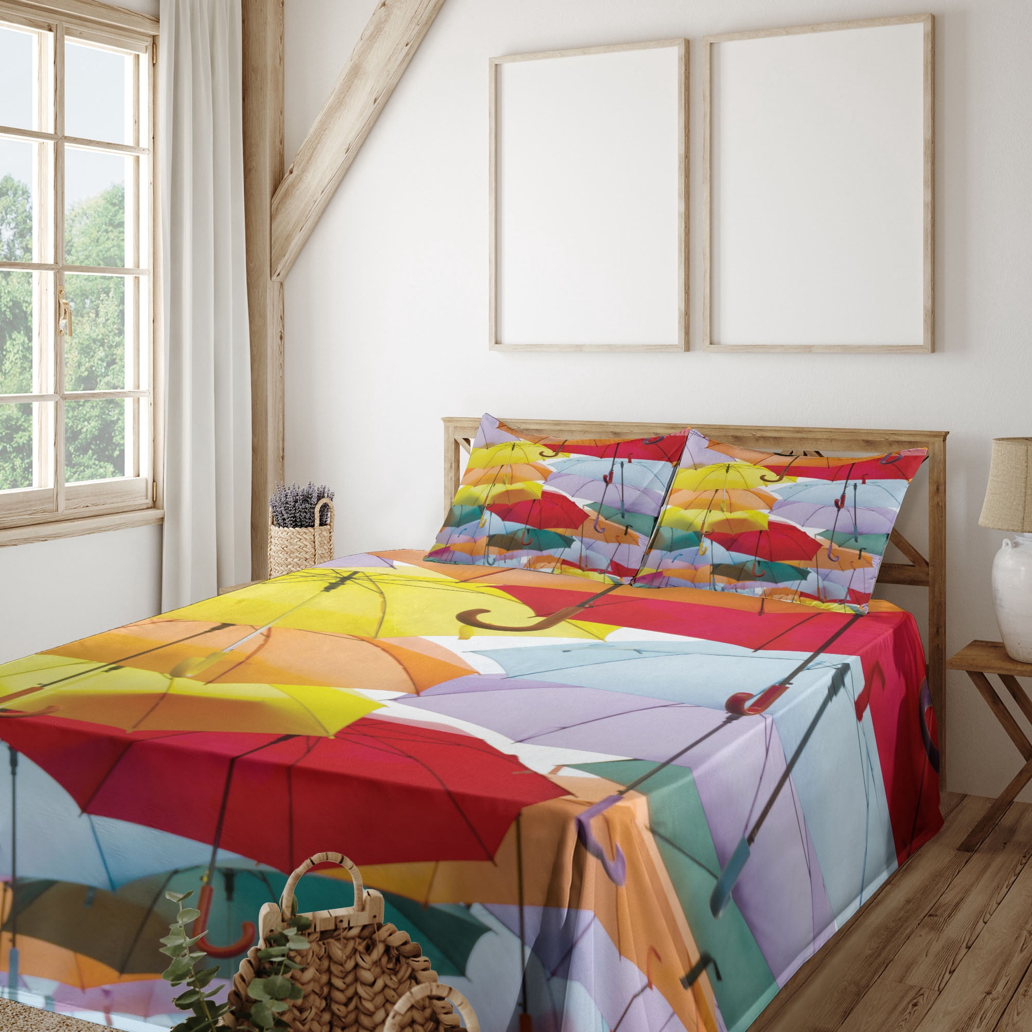 Ambesonne Colorful Fitted & Top Sheet Set with Shams, Hanged Vivid ...