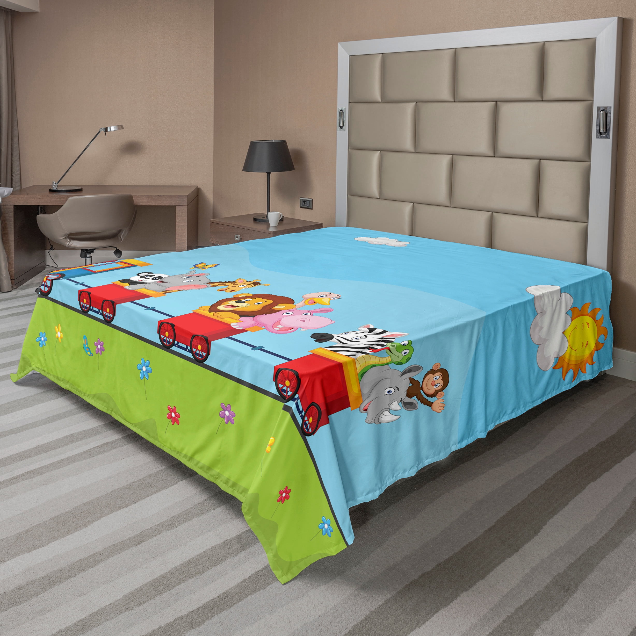 Ambesonne Colorful Flat Sheet, Cartoon Animal Sun, California King ...