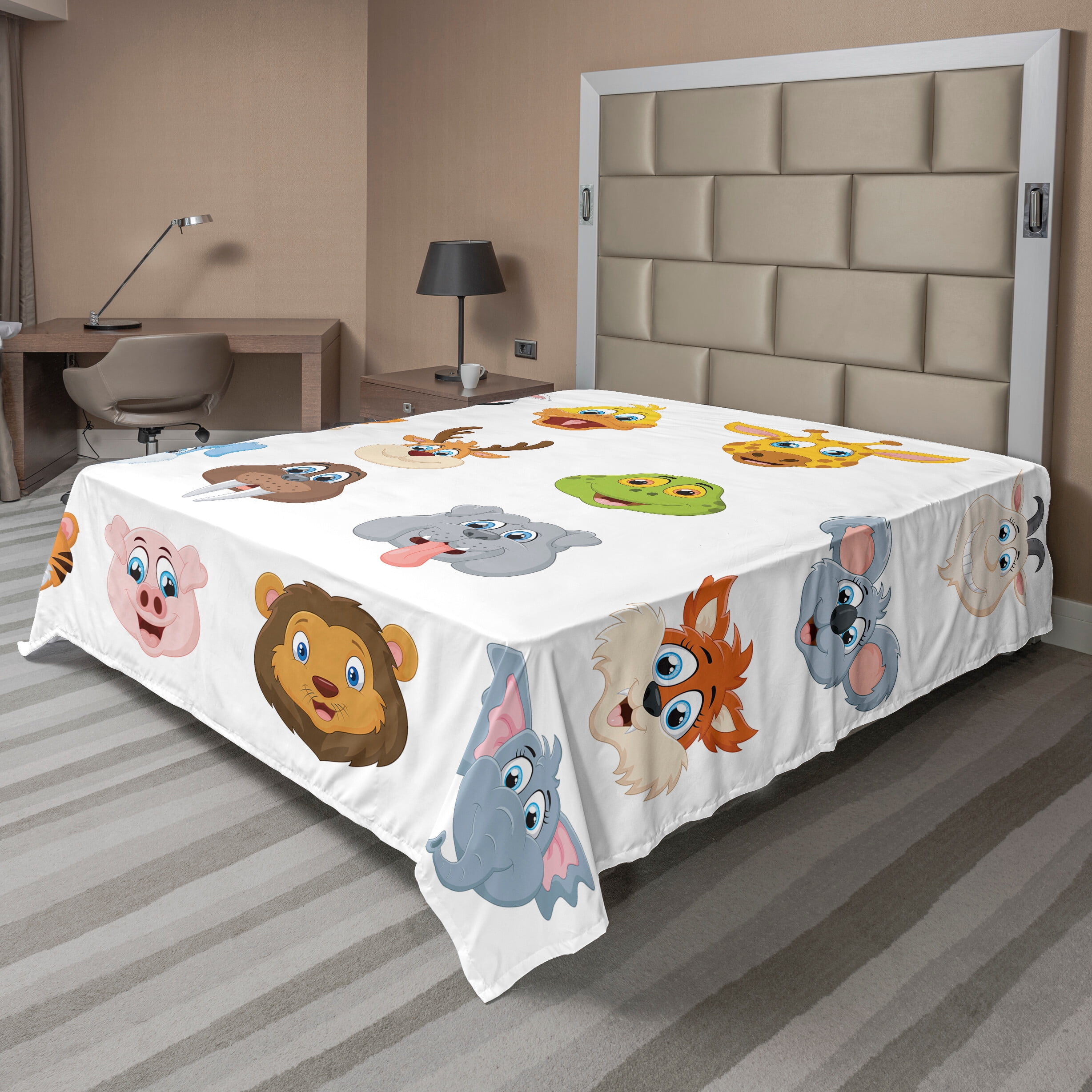 Ambesonne Colorful Flat Sheet, Comic Koala Fox Faces, Queen Size, Multi ...