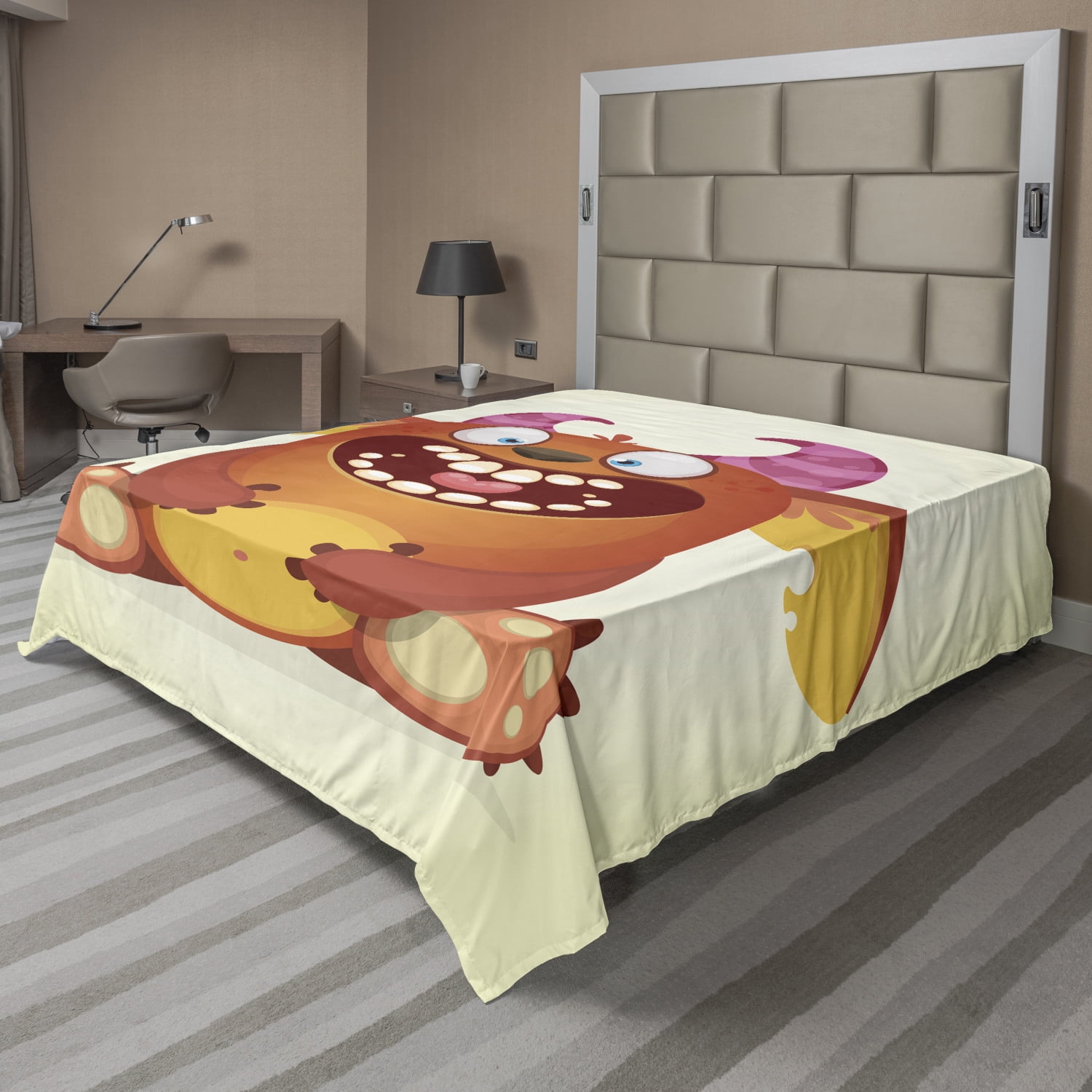 Ambesonne Colorful Flat Sheet, Fluffy Cheerful Character, Queen Size ...