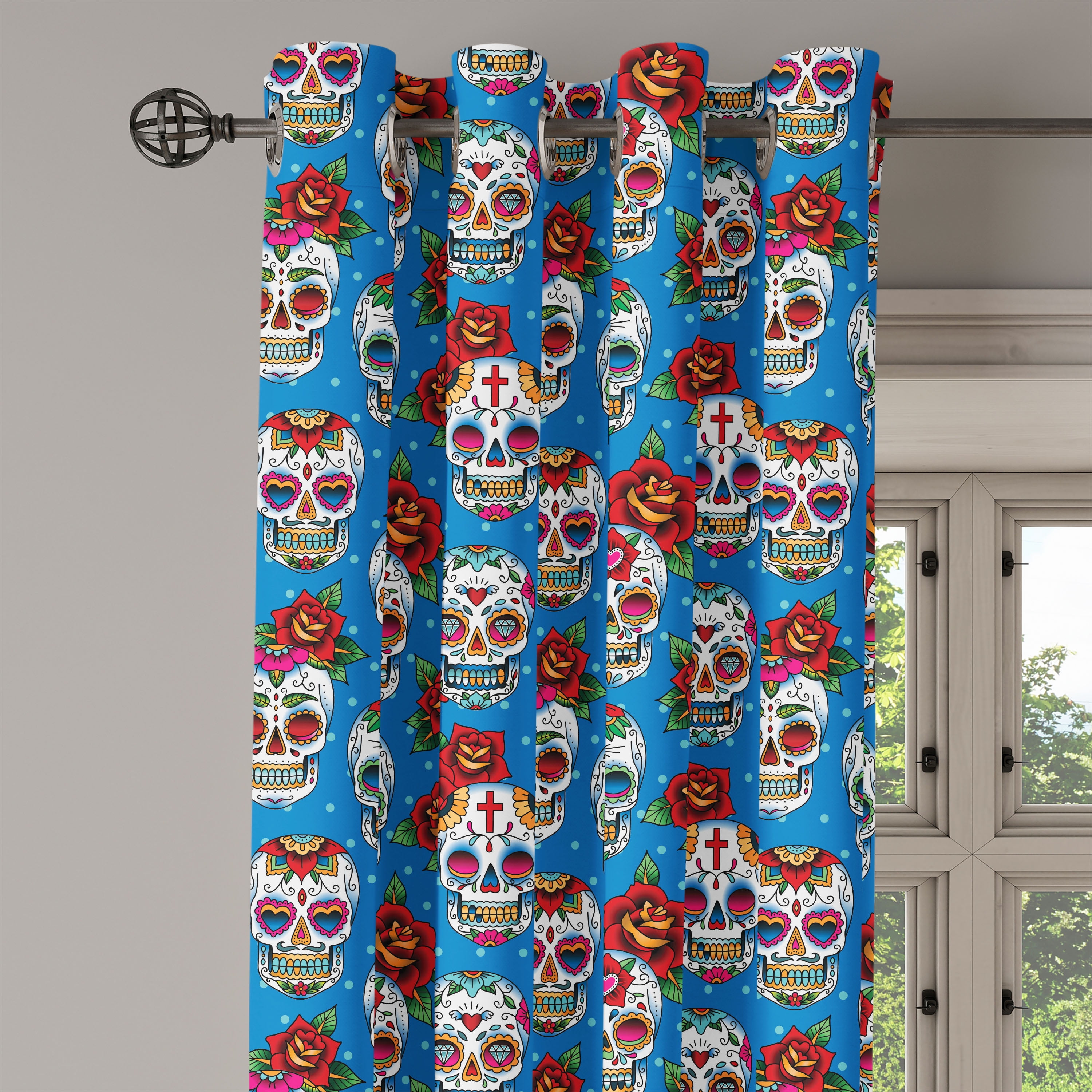 Ambesonne Colorful Grommet Curtain Single Panel Floral Roses Skulls