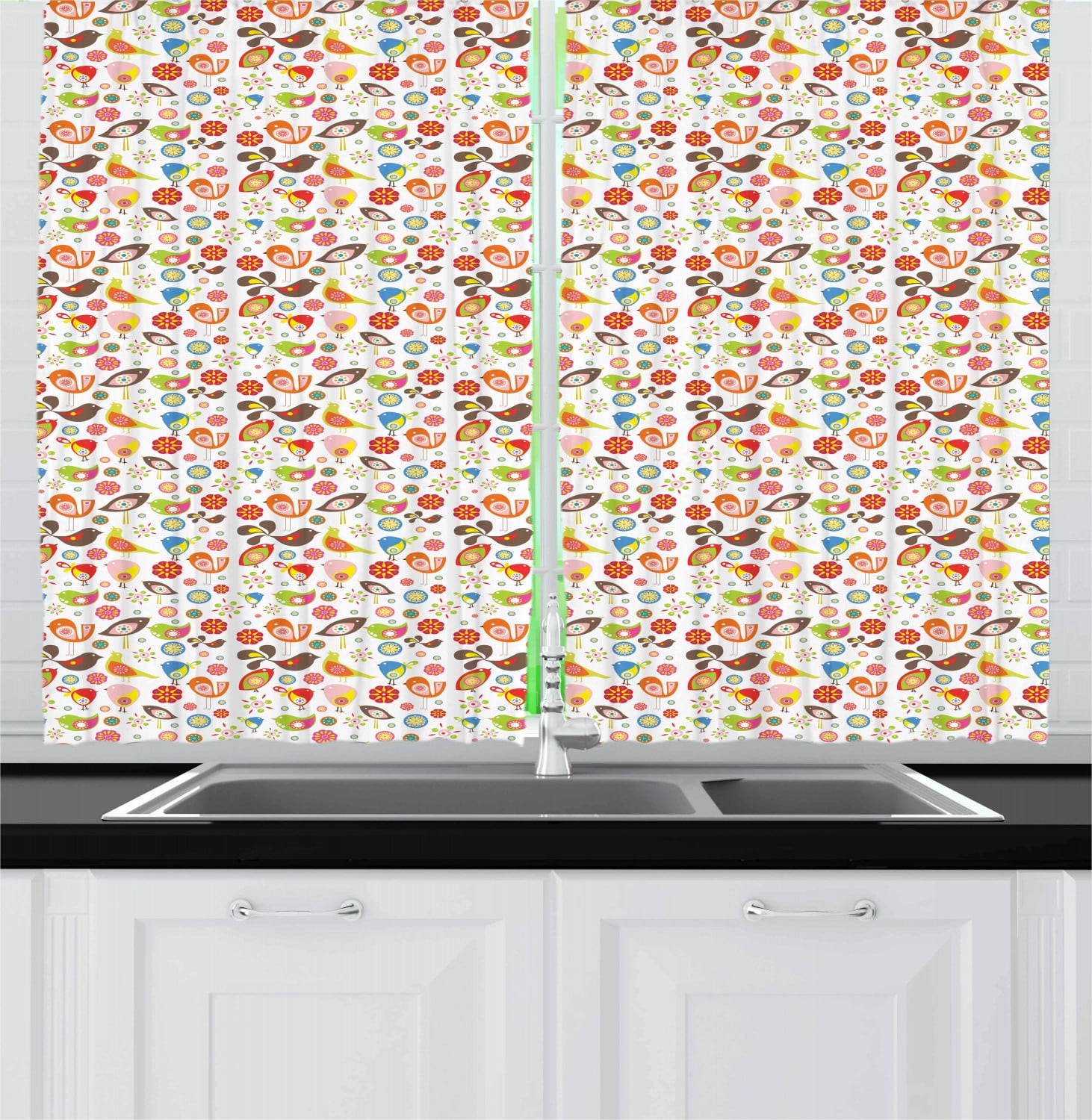 Ambesonne Colorful Kitchen Curtains, Abstract Ornamental Birds, 55"x39 ...