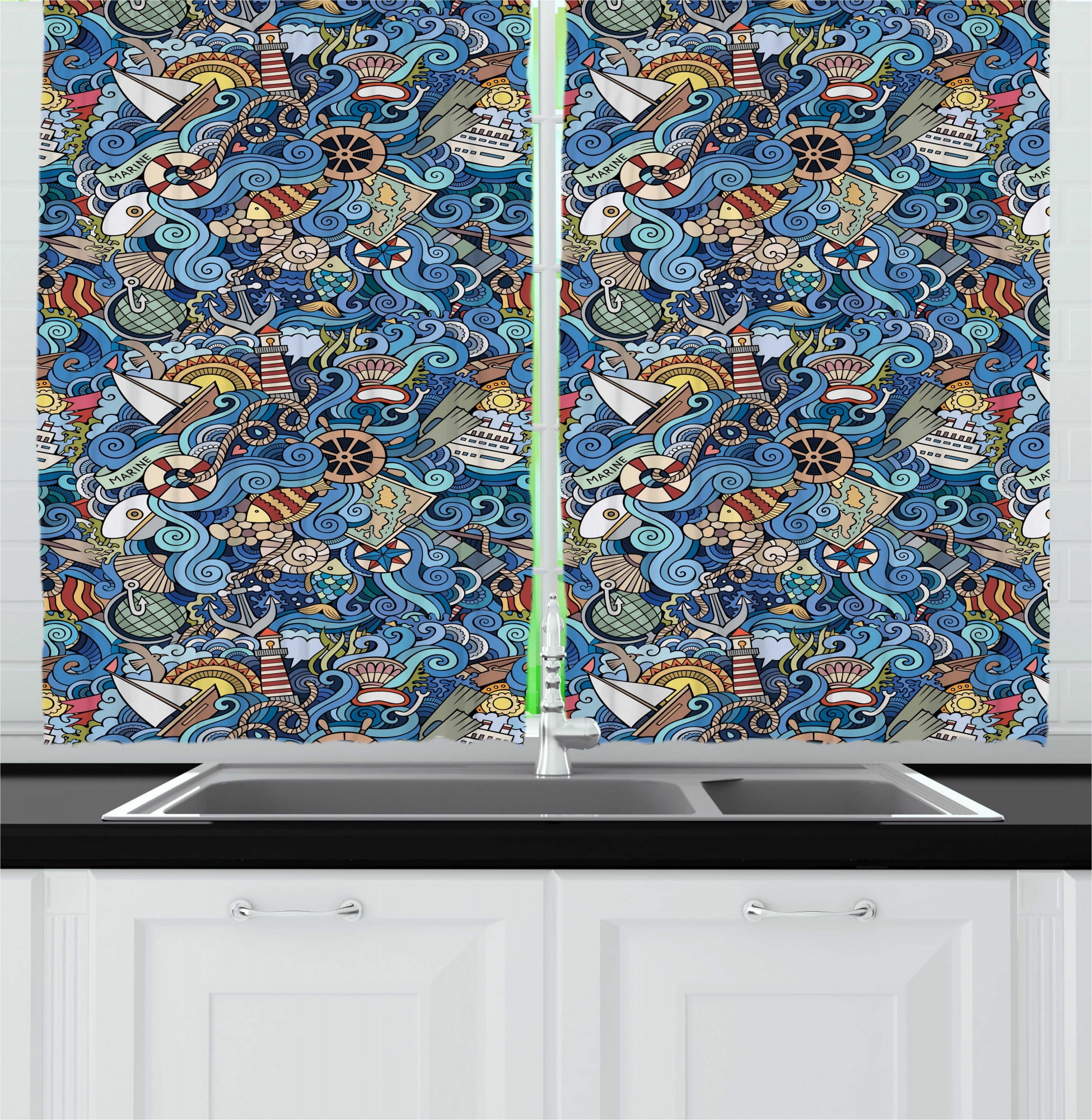 Ambesonne Colorful Kitchen Curtains, Abstract Sea Shells, 55"x45", Blue ...