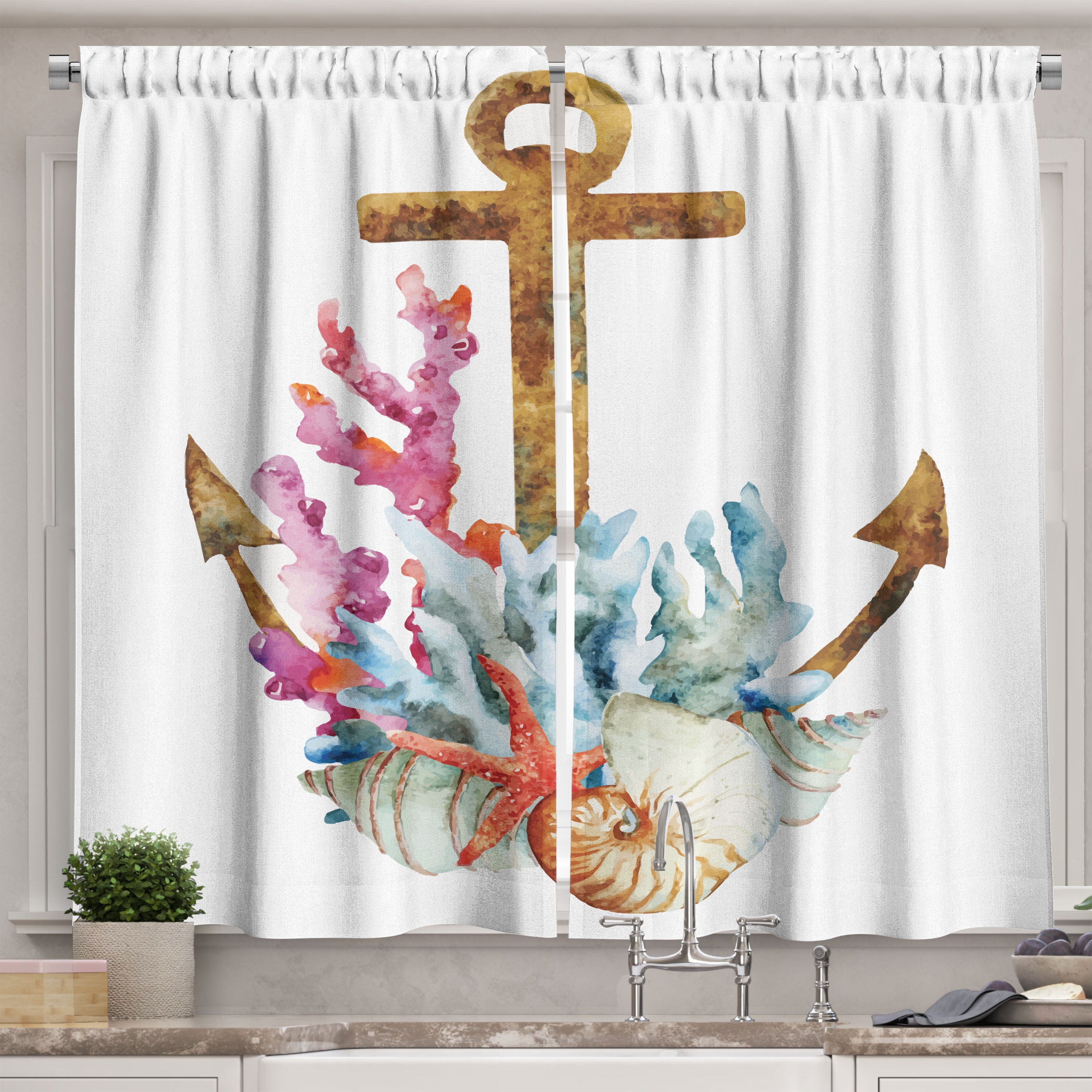 Ambesonne Colorful Kitchen Curtains, Anchor Corals Seaweed, 55"x45 ...