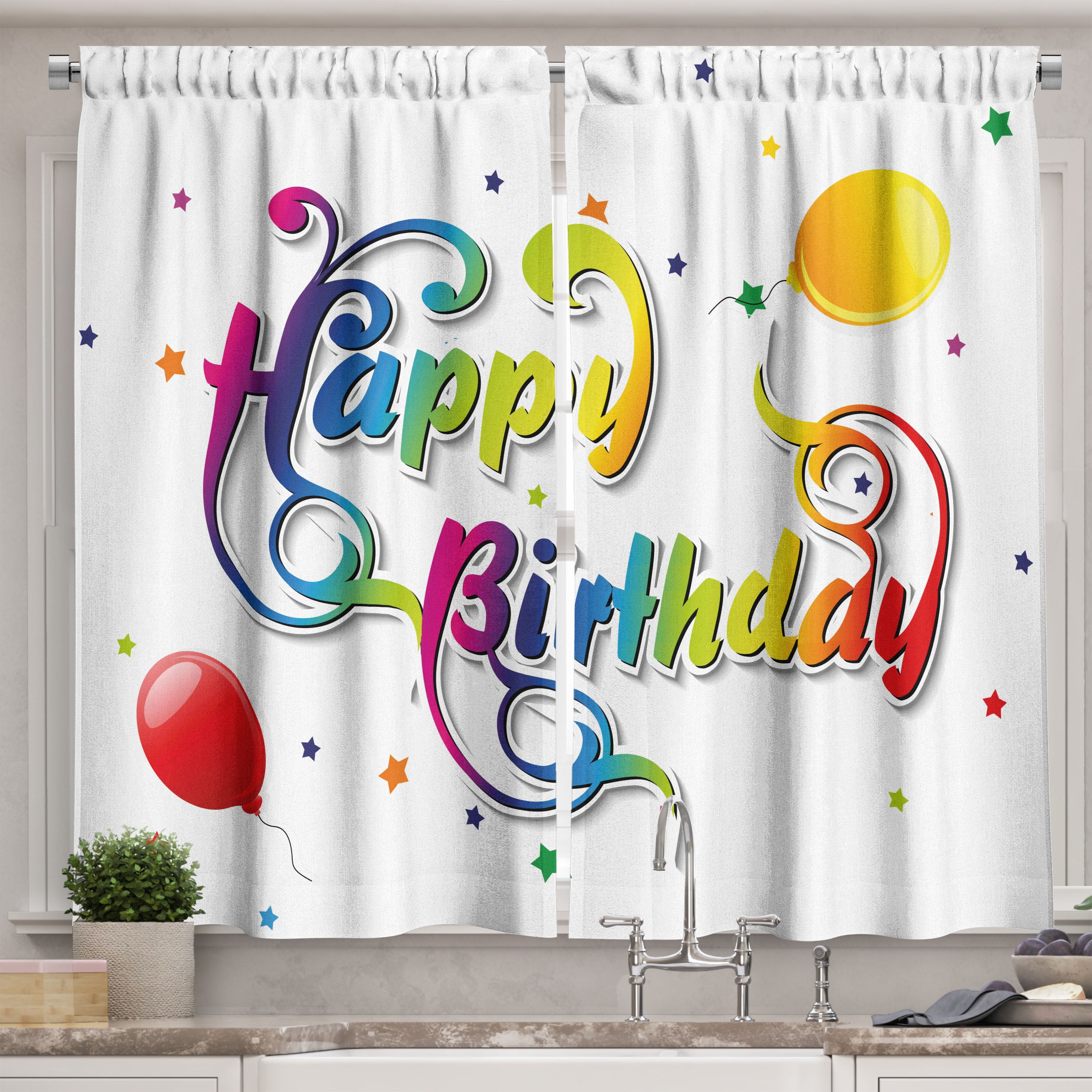Ambesonne Colorful Kitchen Curtains, Birthday Words Floral, 55"x39 ...