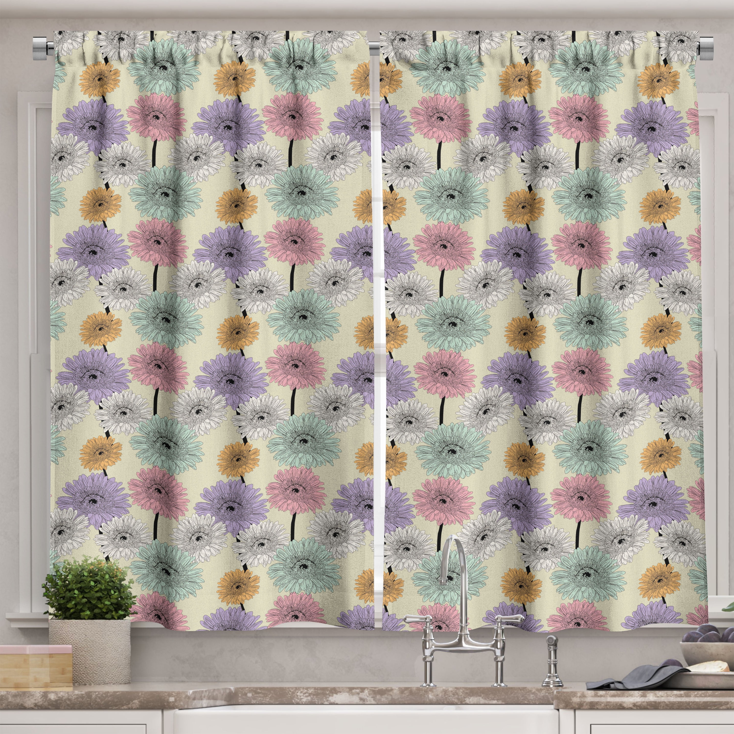 Ambesonne Colorful Kitchen Curtains, Chrysanthemum Plants, 55"x39 ...