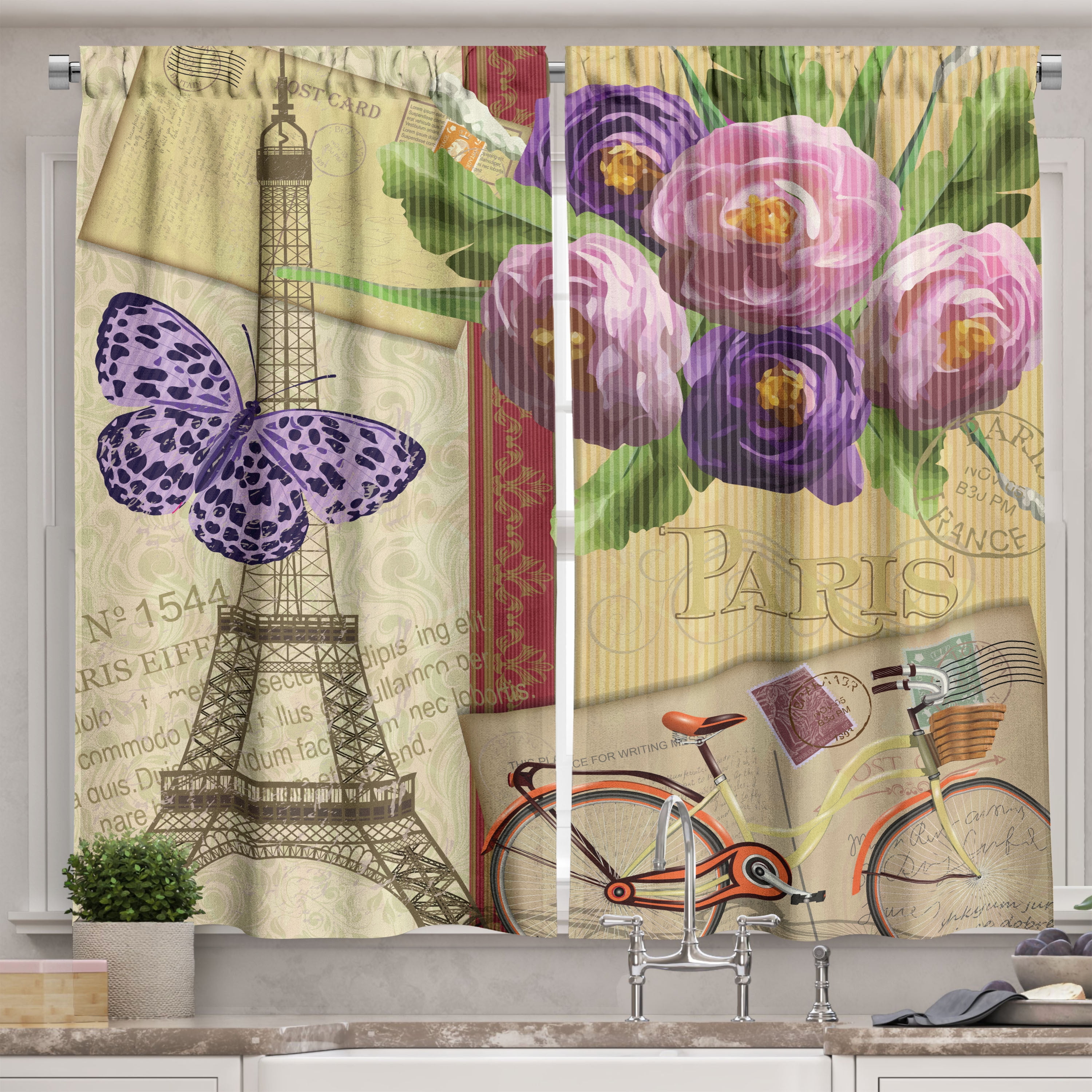 Ambesonne Colorful Kitchen Curtains, French Landmarks Tower, 55"x39 ...