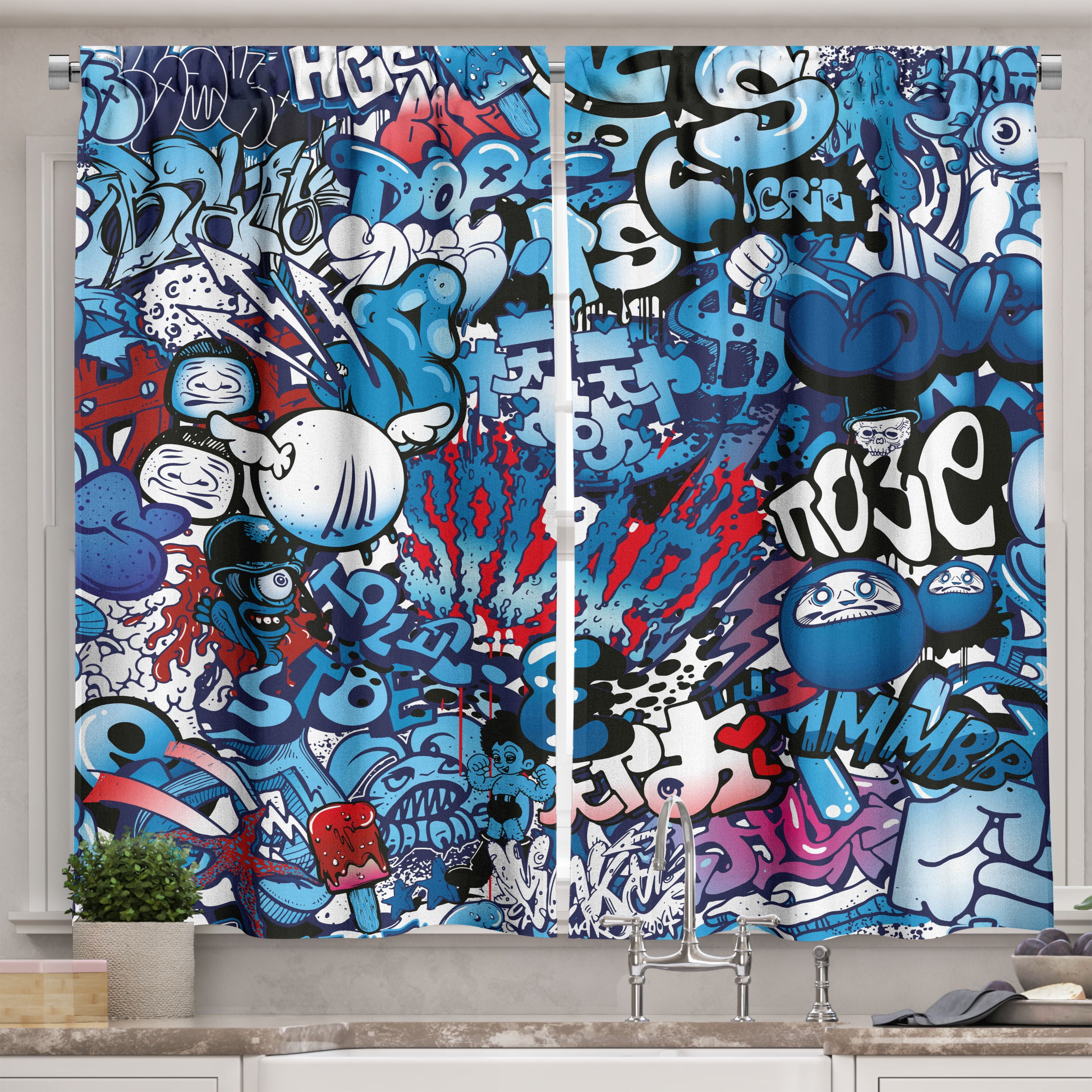 Ambesonne Colorful Kitchen Curtains, Graffiti Street Art, 55"x39 ...