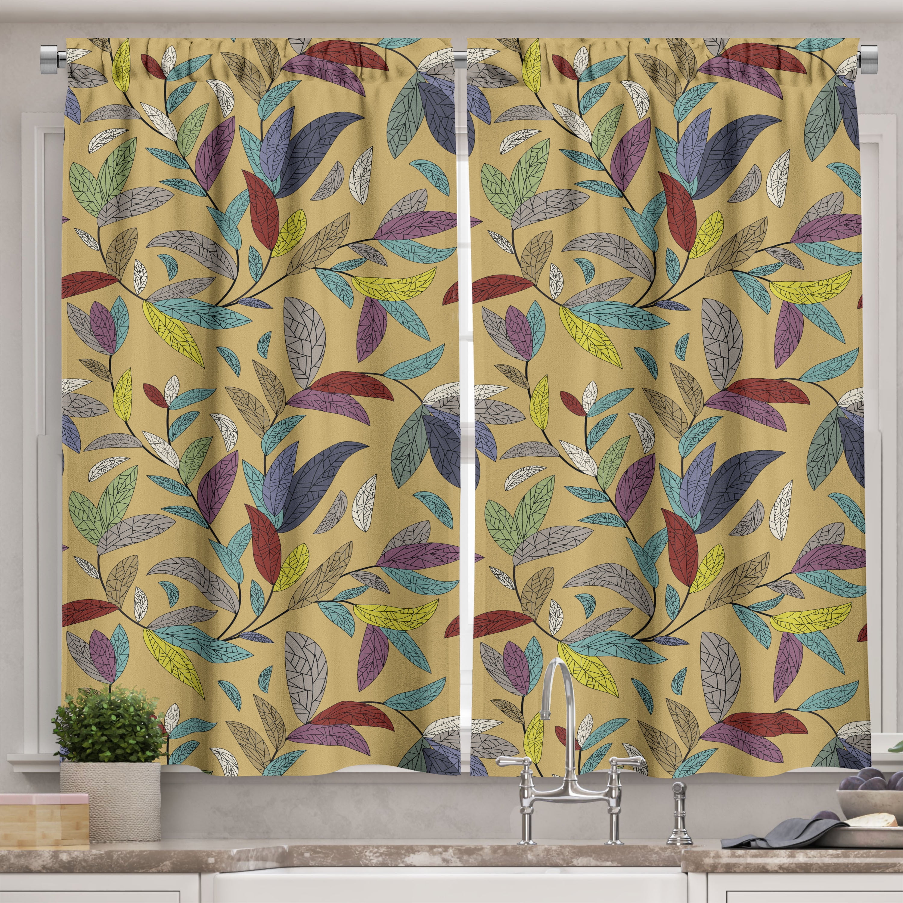 Ambesonne Colorful Kitchen Curtains, Hand Drawn Leaf Swirls, 55"x39 ...