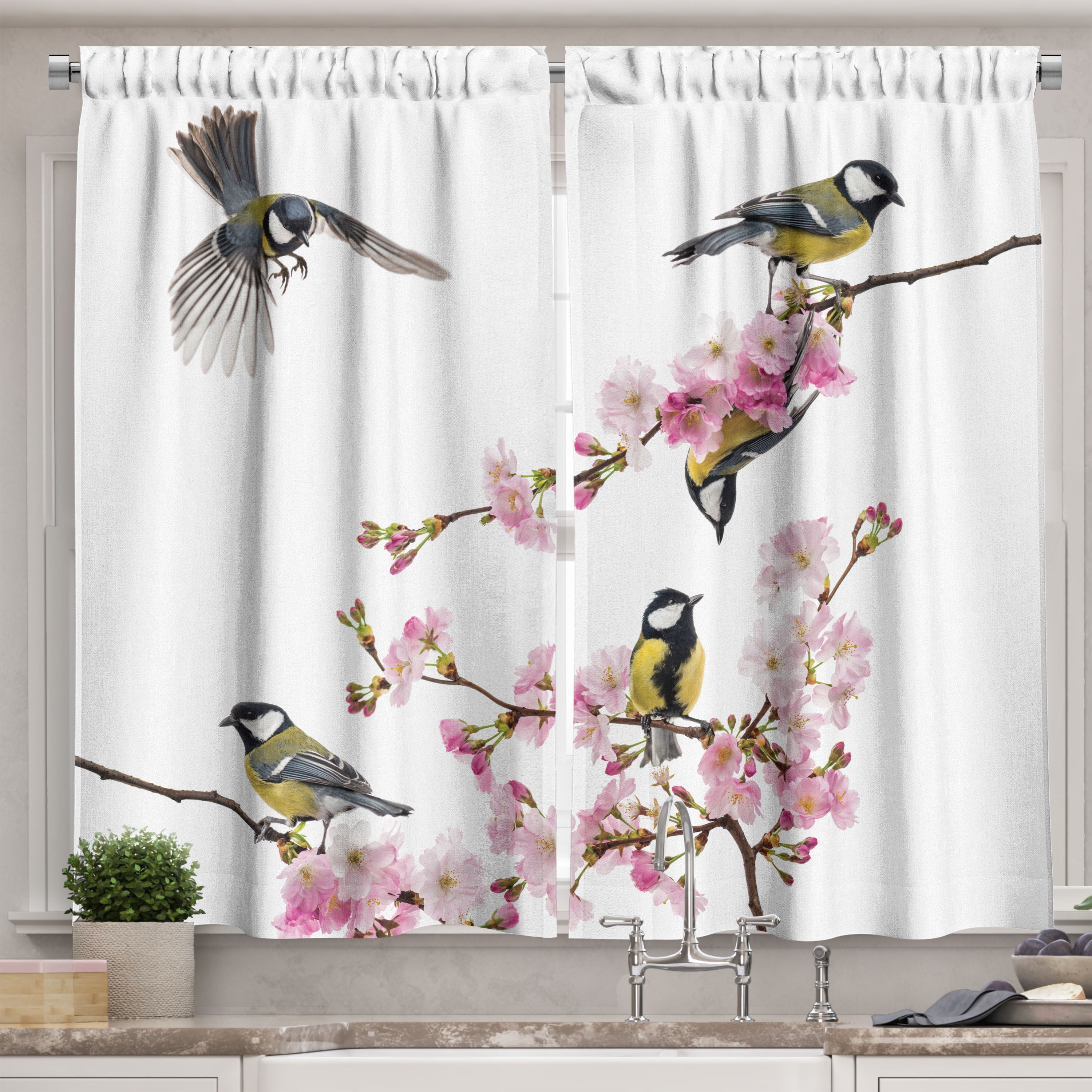 Ambesonne Colorful Kitchen Curtains, Hummingbirds on Branches, 55"x45 ...