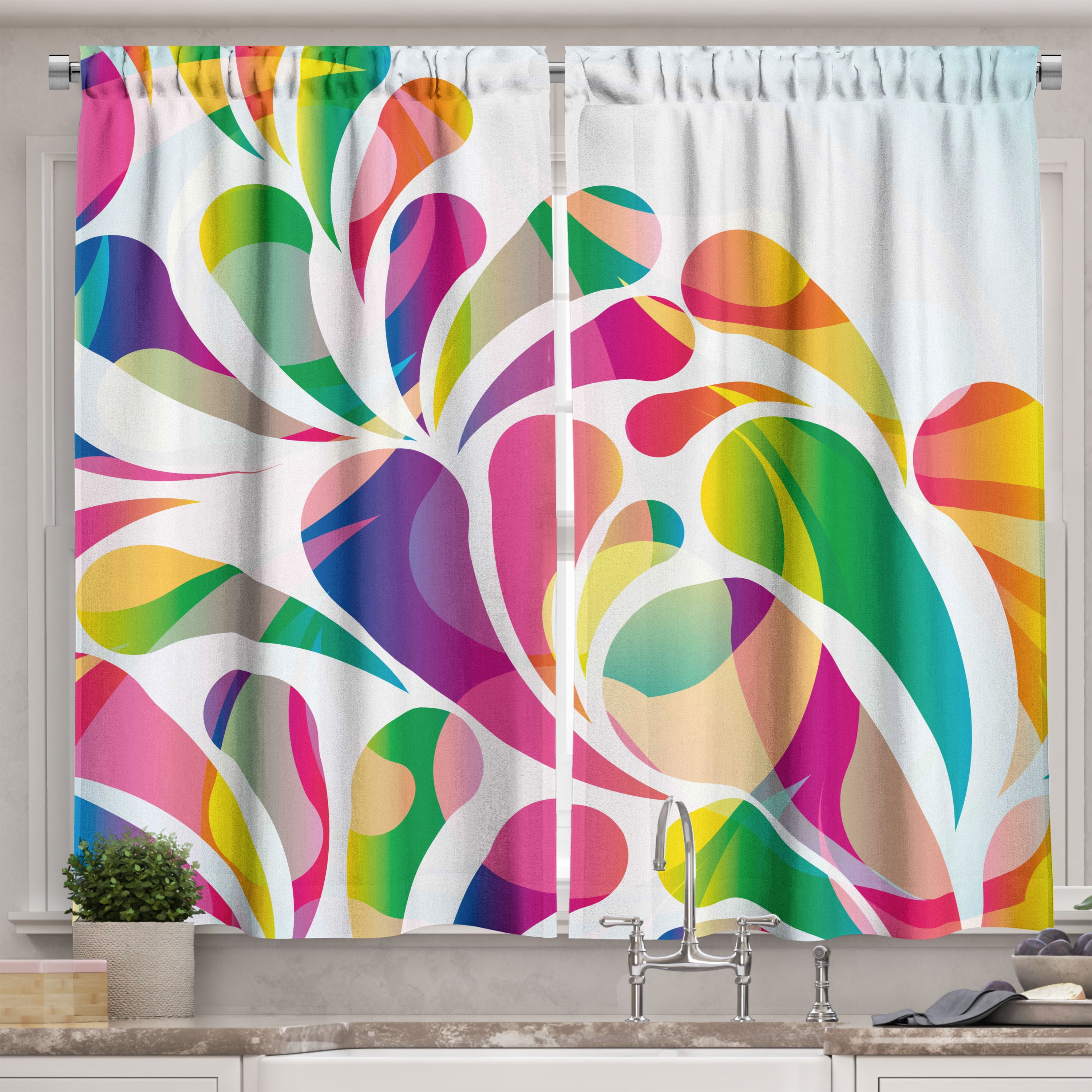 Ambesonne Colorful Kitchen Curtains, Leaf Shape Vivid Forms, 55"x39 ...